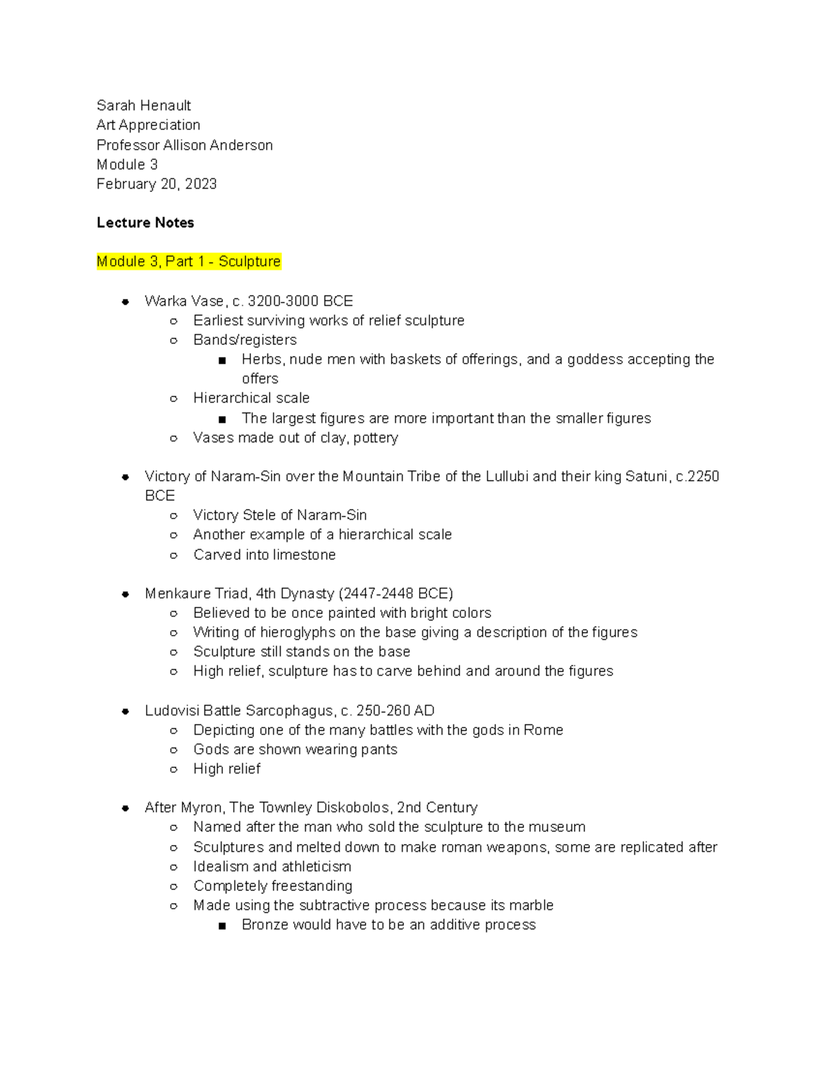 Sarah Henault - Art Appreciation Module 3 Lecture Notes - ART 202 ...