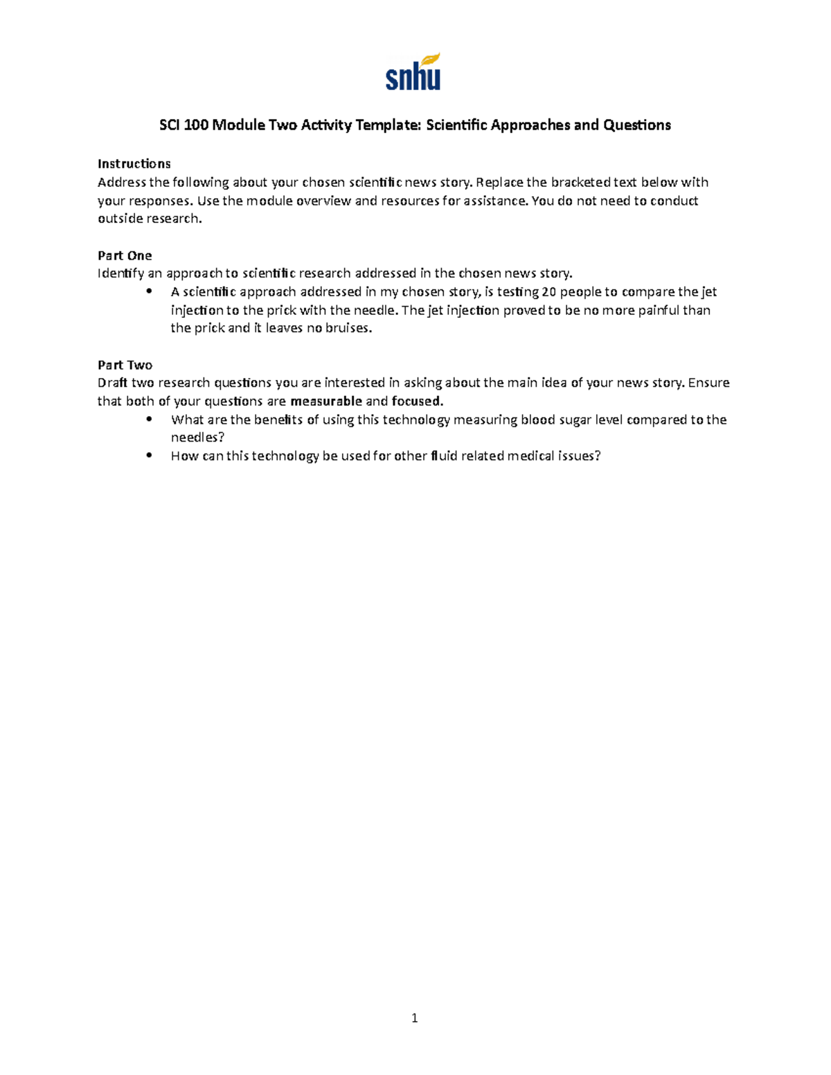SCI 100 Module Two Activity Template - Replace the bracketed text below with your responses. Use ...