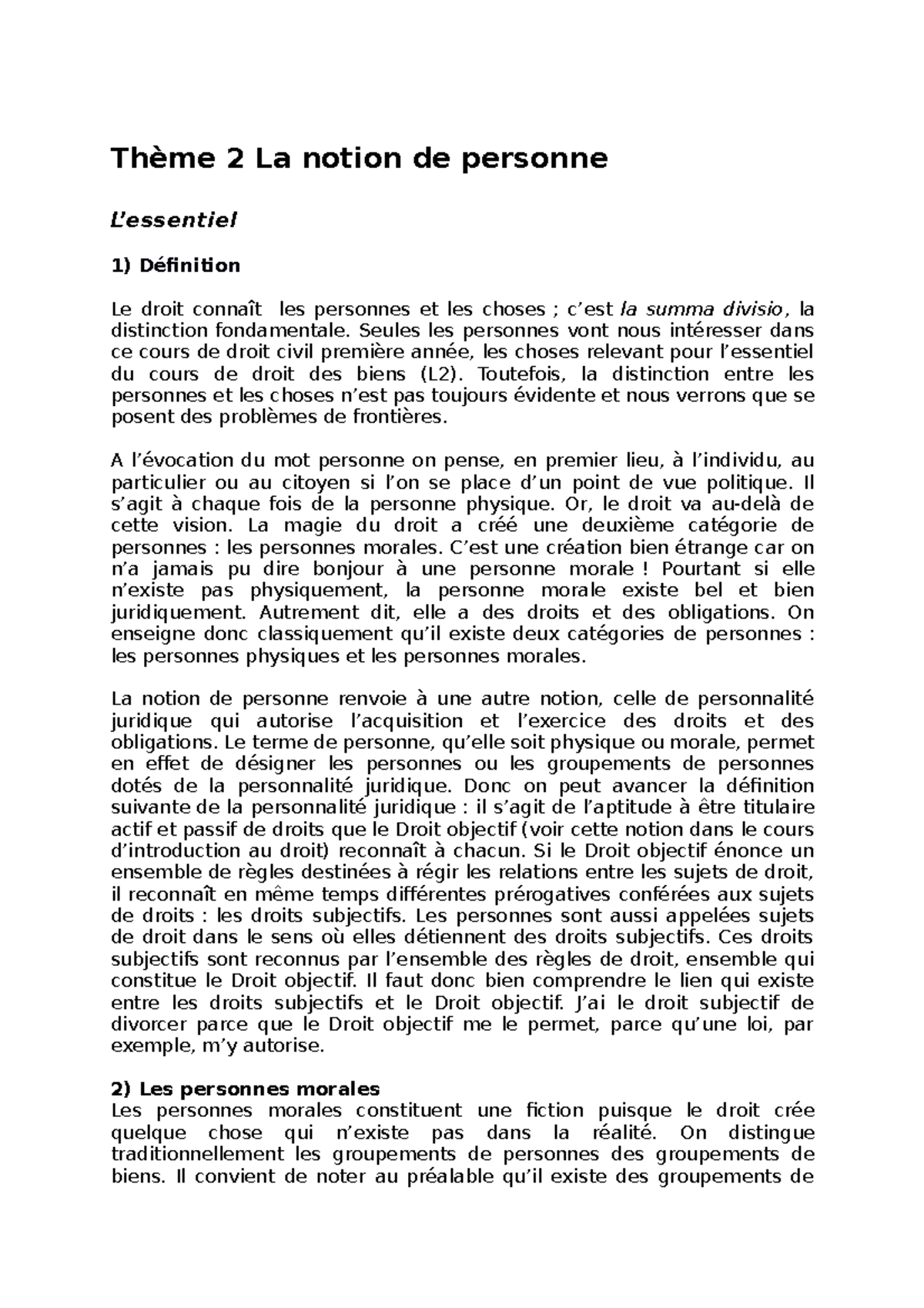 Lessentiel th 2 - la notion de personne - Thème 2 La notion de personne ...