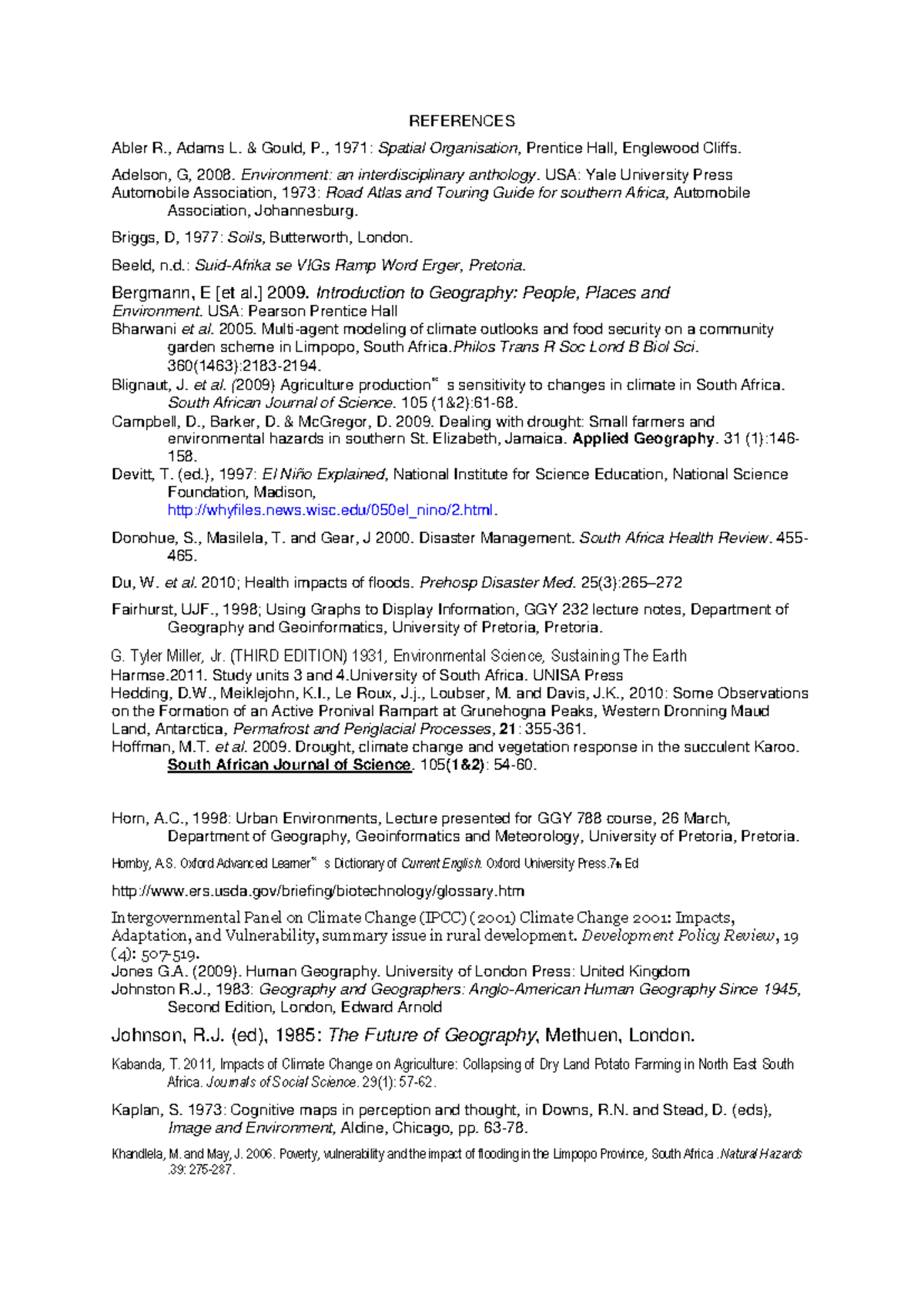 GGH3708 Incorrect Reference List - REFERENCES Abler R., Adams L ...