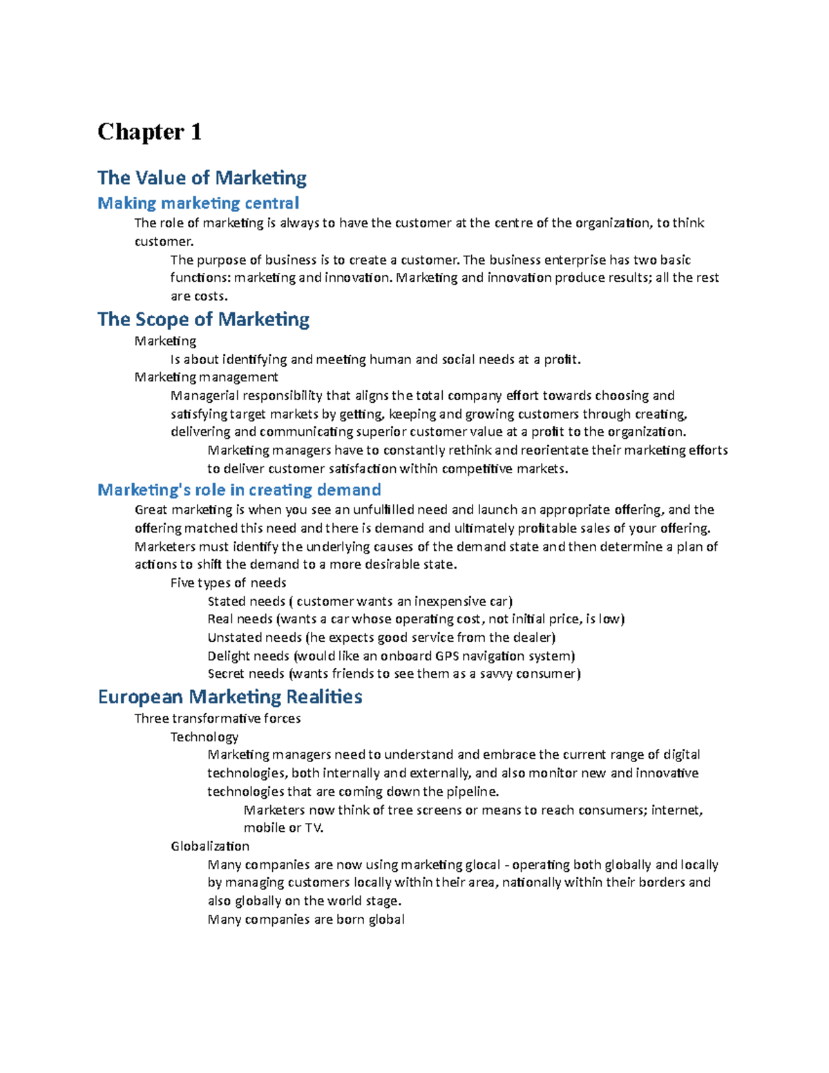 Marketing management notes - Chapter 1 The Value of Marketing Making ...