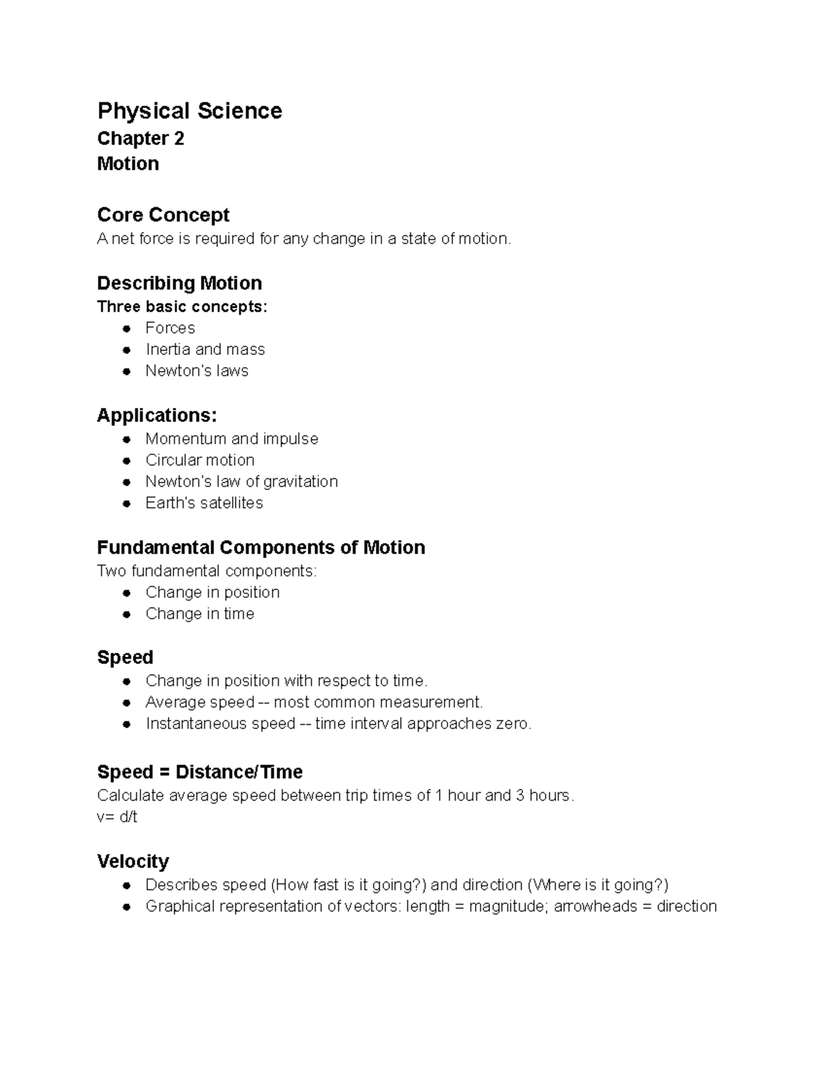 SCI 165 Chapter 2 Notes - Physical Science Chapter 2 Motion Core ...