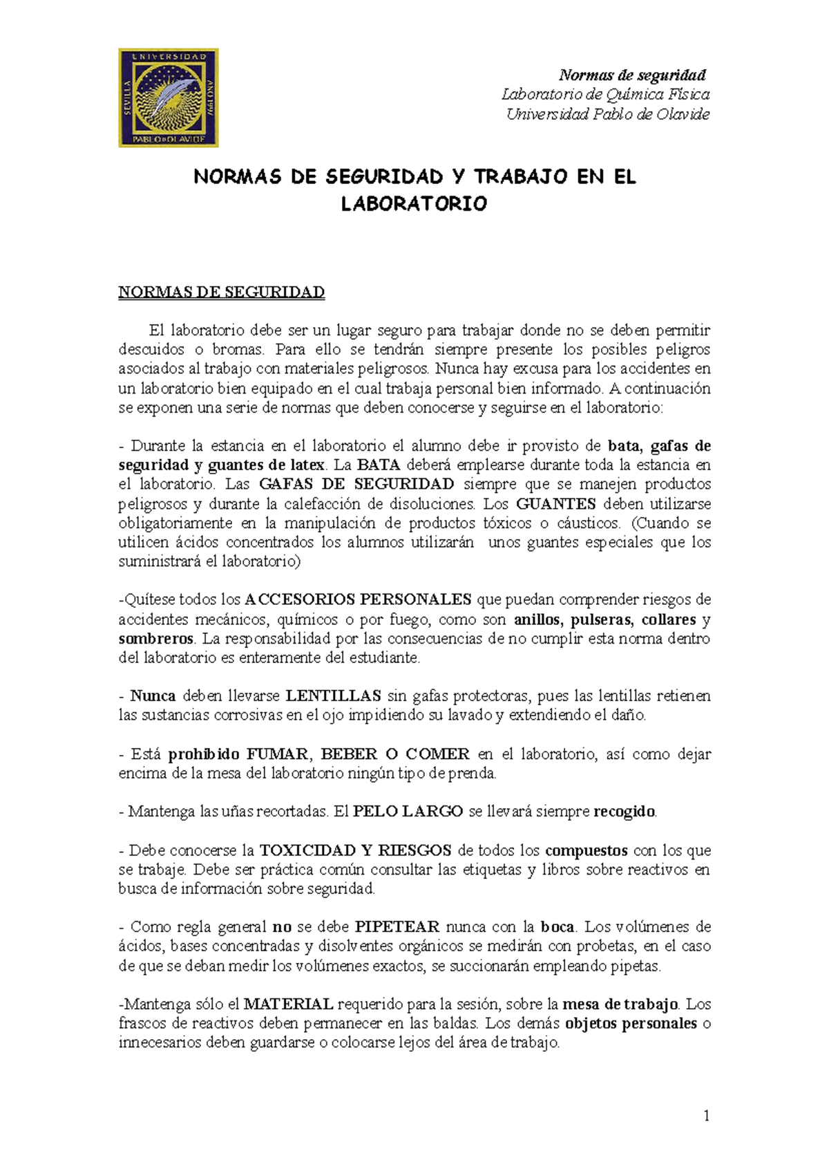Normas DE Seguridad Y Trabajo EN EL Laboratorio AQF-1 - Laboratorio de Química Física ...