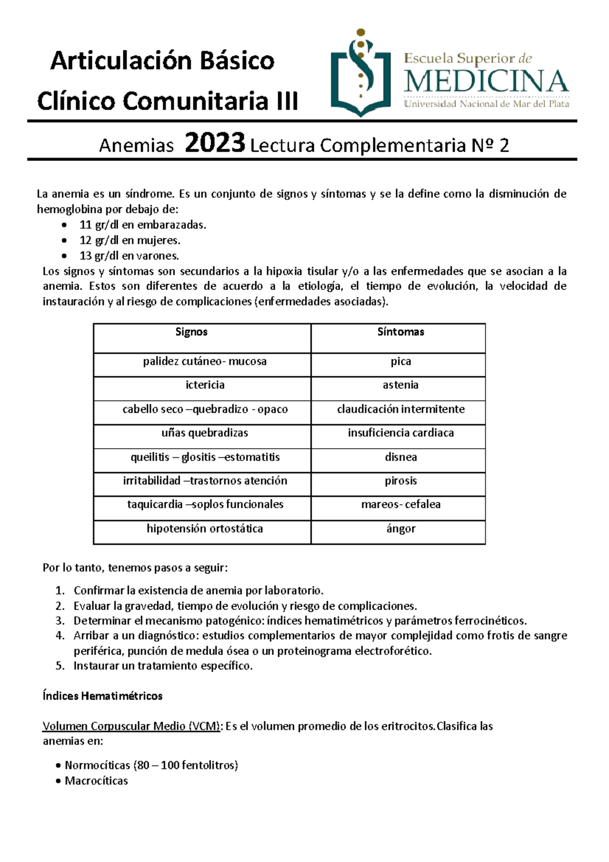 2- Lectura Complementaria. Anemias - Articulación Básico Clínico Comunitaria III Anemias 2023 ...