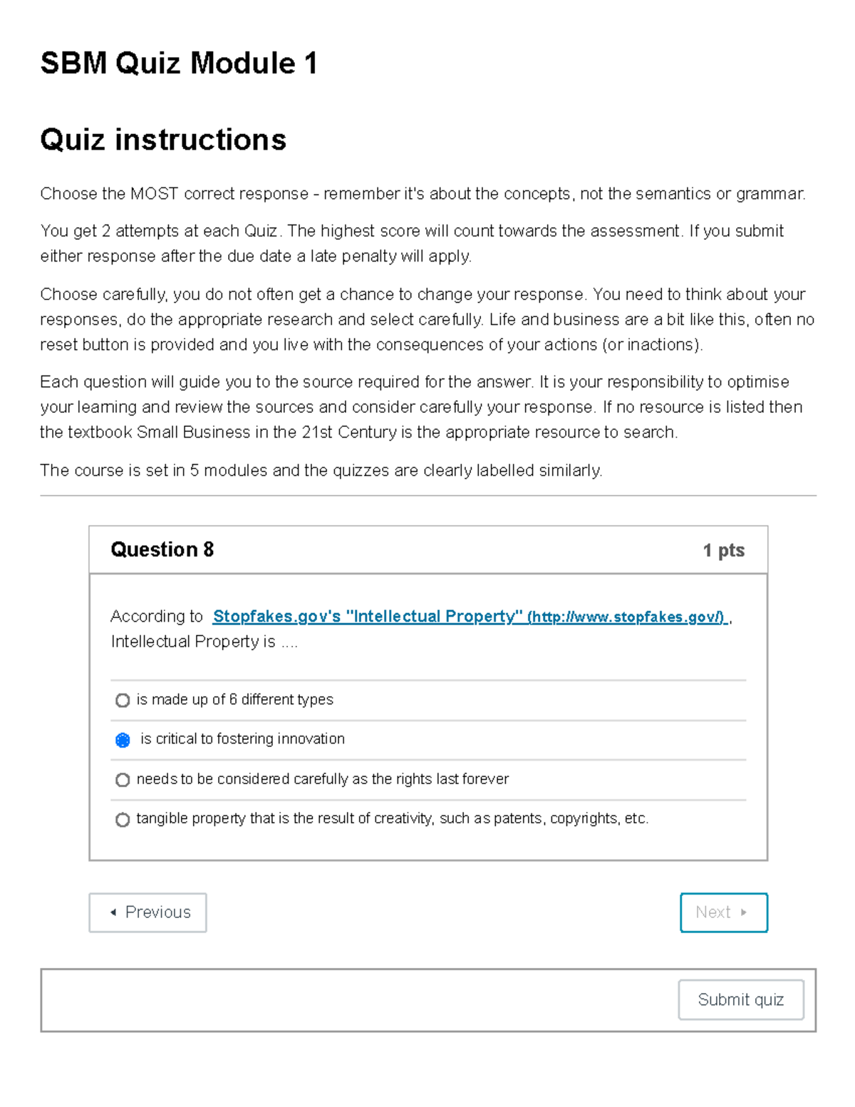 Q8Quiz SBM Quiz1 Module 1 - SBM Quiz Module 1 Started: 9 Aug at 11 ...