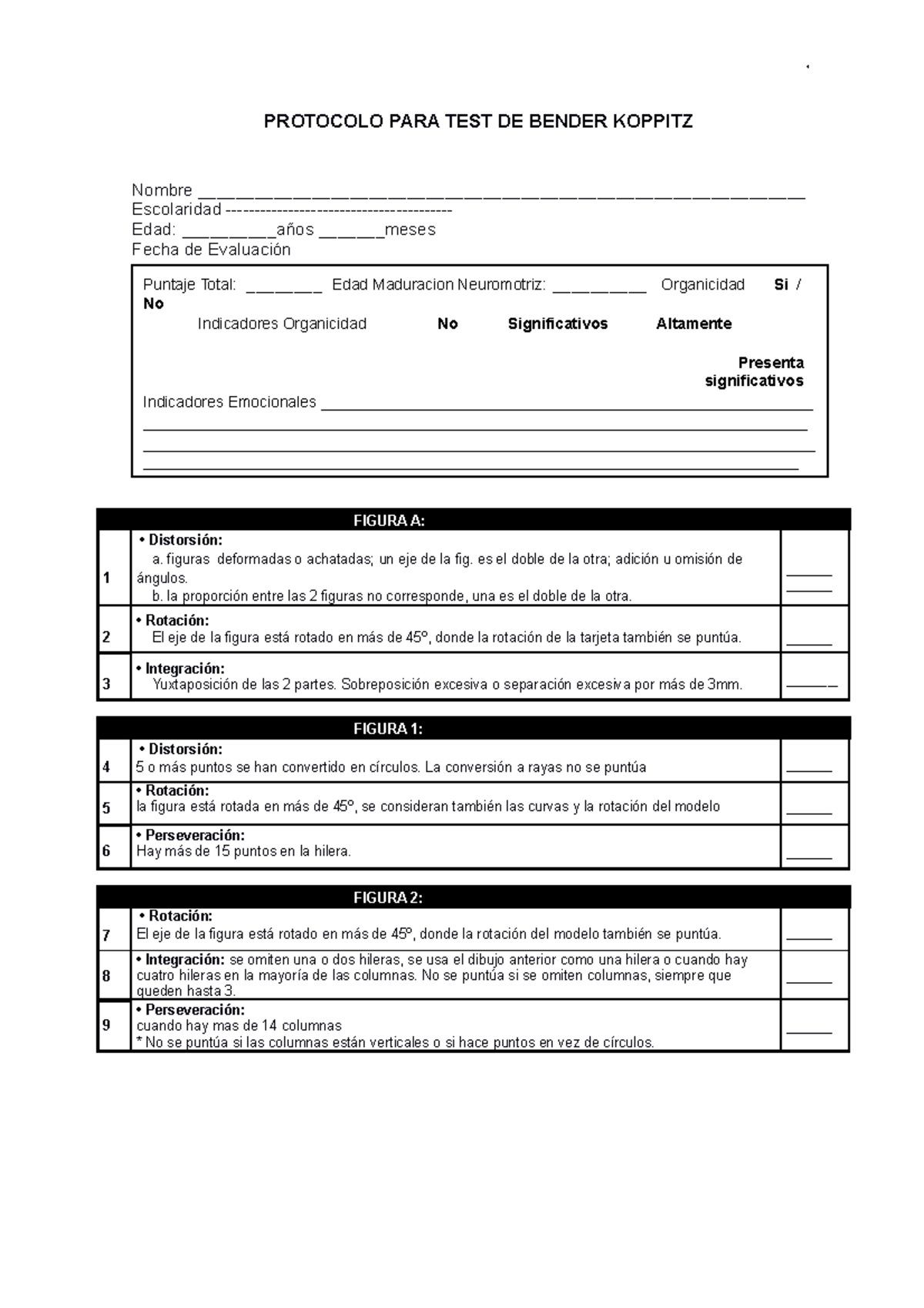 Protocolo Puntuacion Bender-Koppitz - PROTOCOLO PARA TEST DE BENDER ...