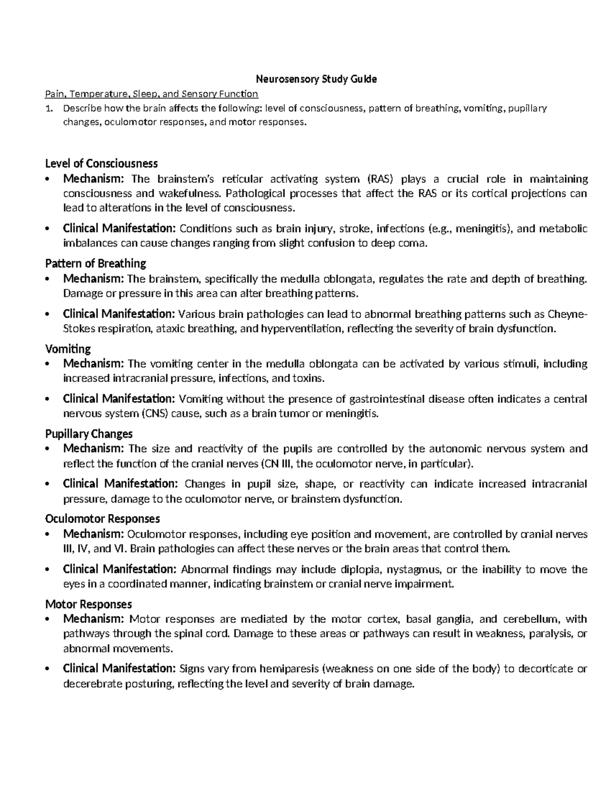 05 Study Guide Neurosensory - Neurosensory Study Guide Pain ...