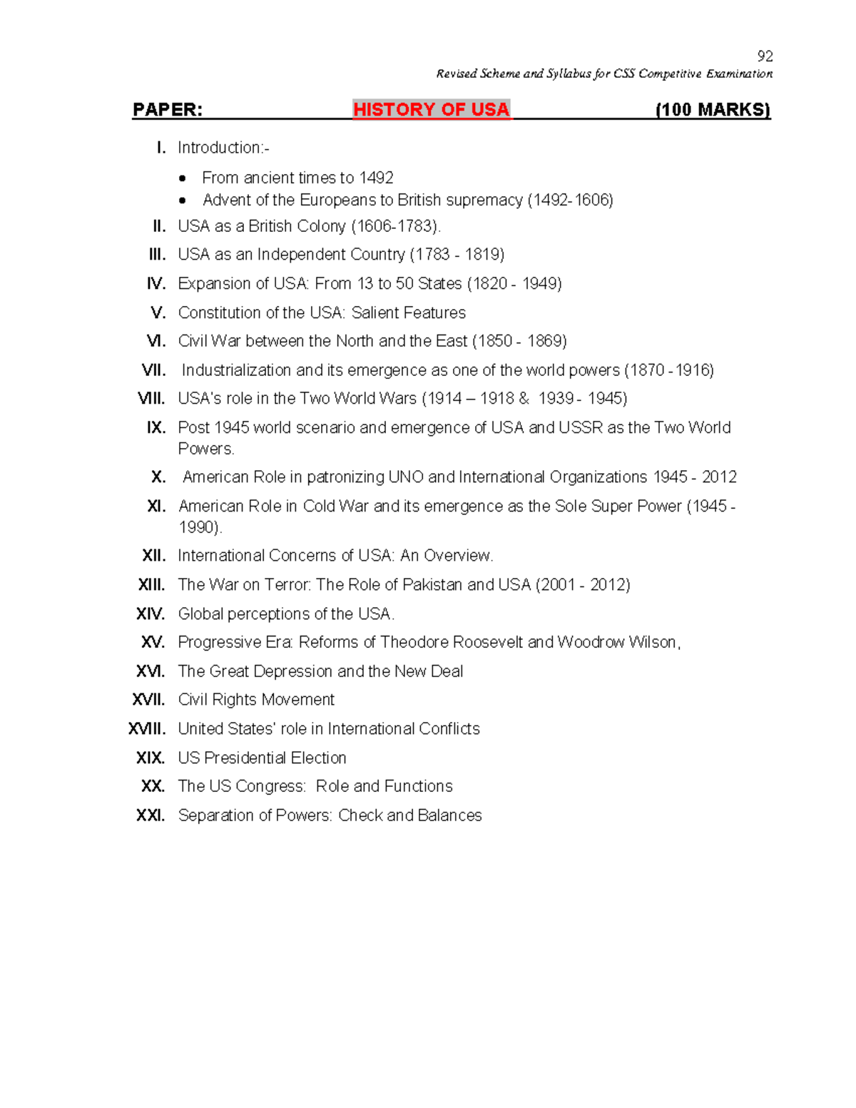 History of USA - 92 Revised Scheme and Syllabus for CSS Competitive ...