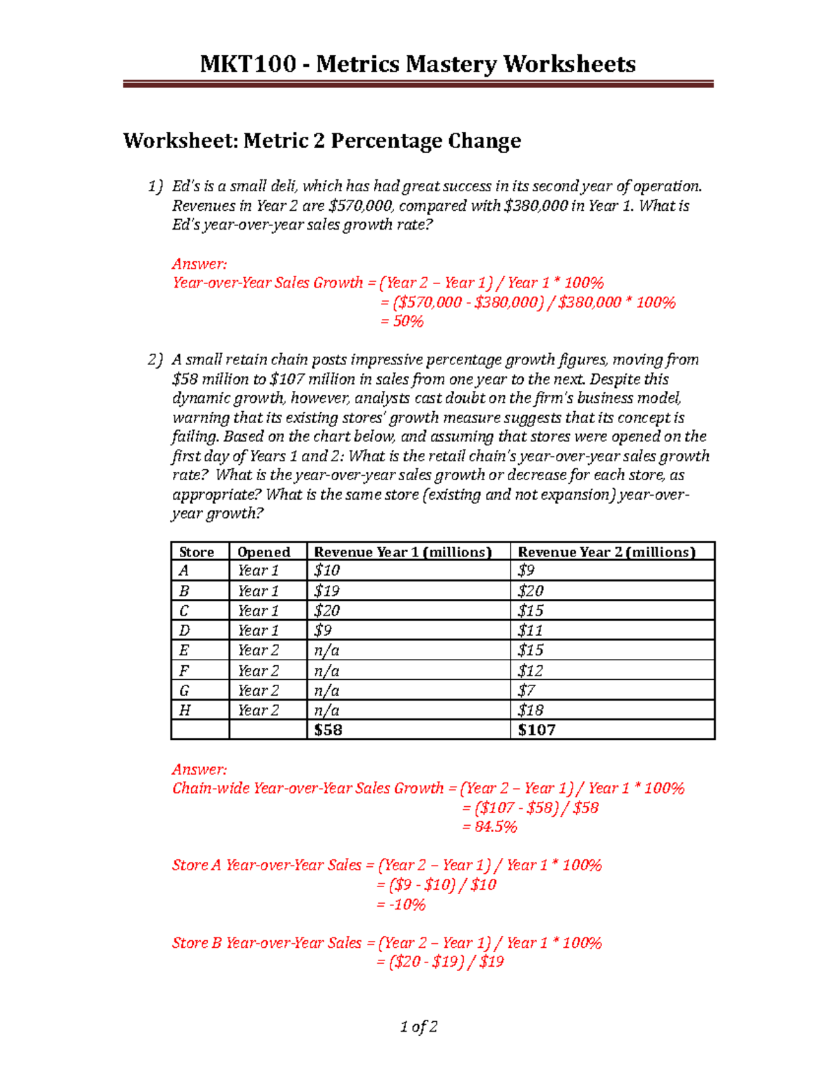 Metrics 2 Mastery Worksheets - with answers 1 - CMKT100 - Toronto Met ...