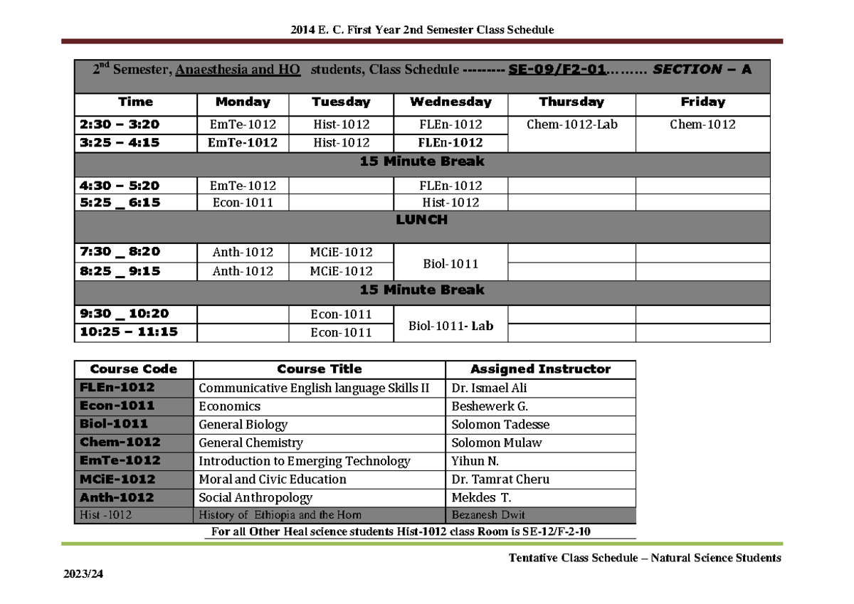 Other Health and Natural New Final-1 - Tentative Class Schedule ...