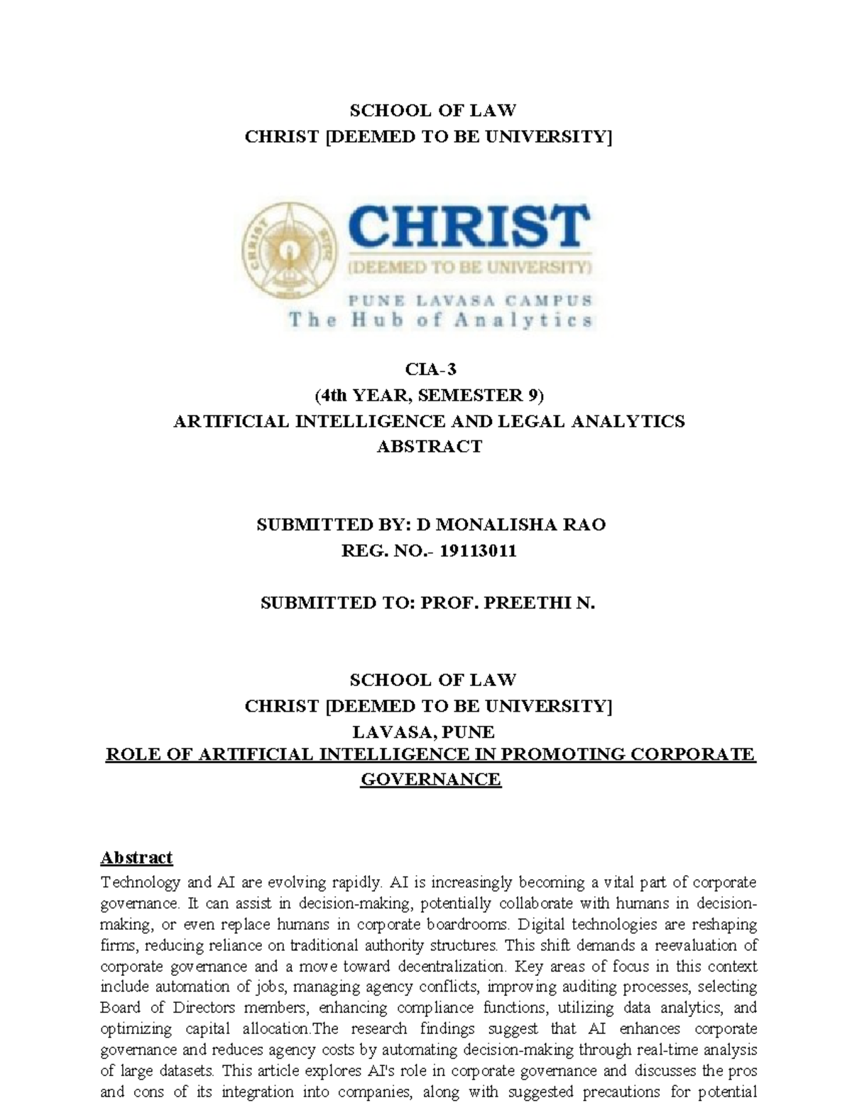 ai and law research paper - SCHOOL OF LAW CHRIST [DEEMED TO BE ...