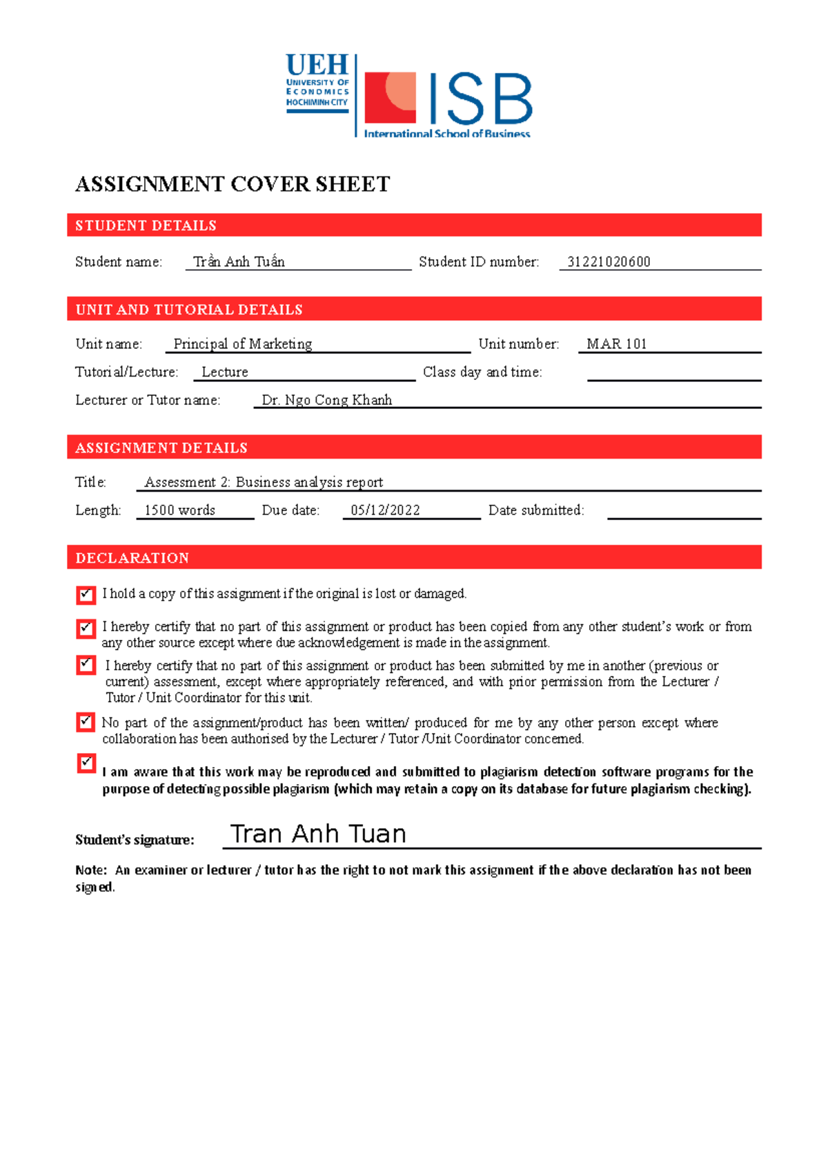 Ticked-coverpage - asdjh - ASSIGNMENT COVER SHEET STUDENT DETAILS ...