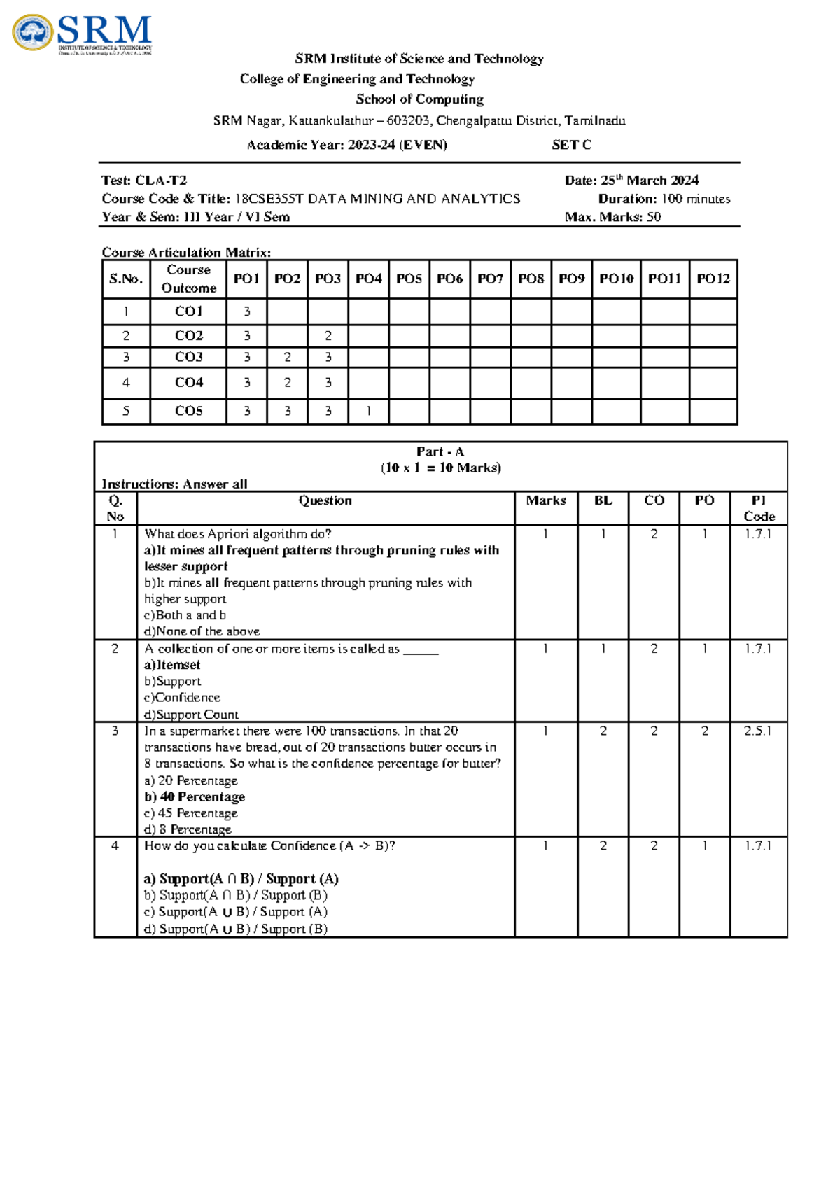 SET C CT2 Ans Key - SRM Institute of Science and Technology College of ...