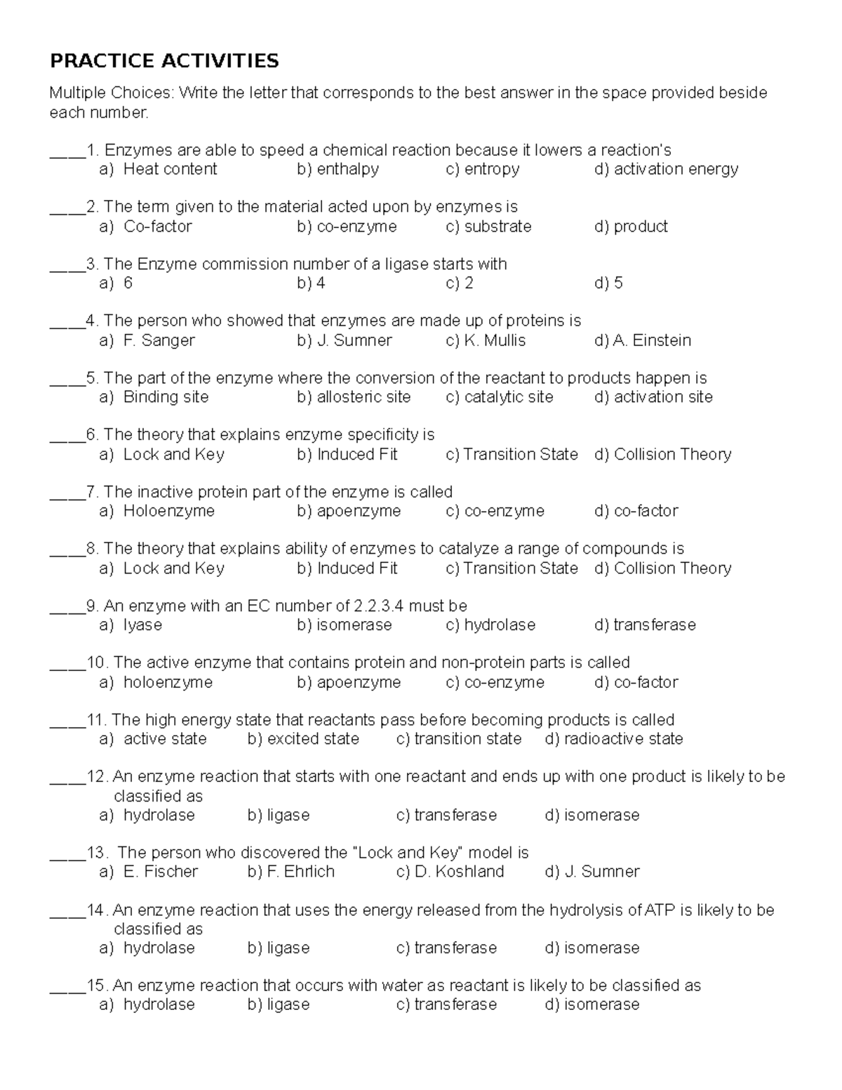 Practice Activities Enzymes - PRACTICE ACTIVITIES Multiple Choices ...