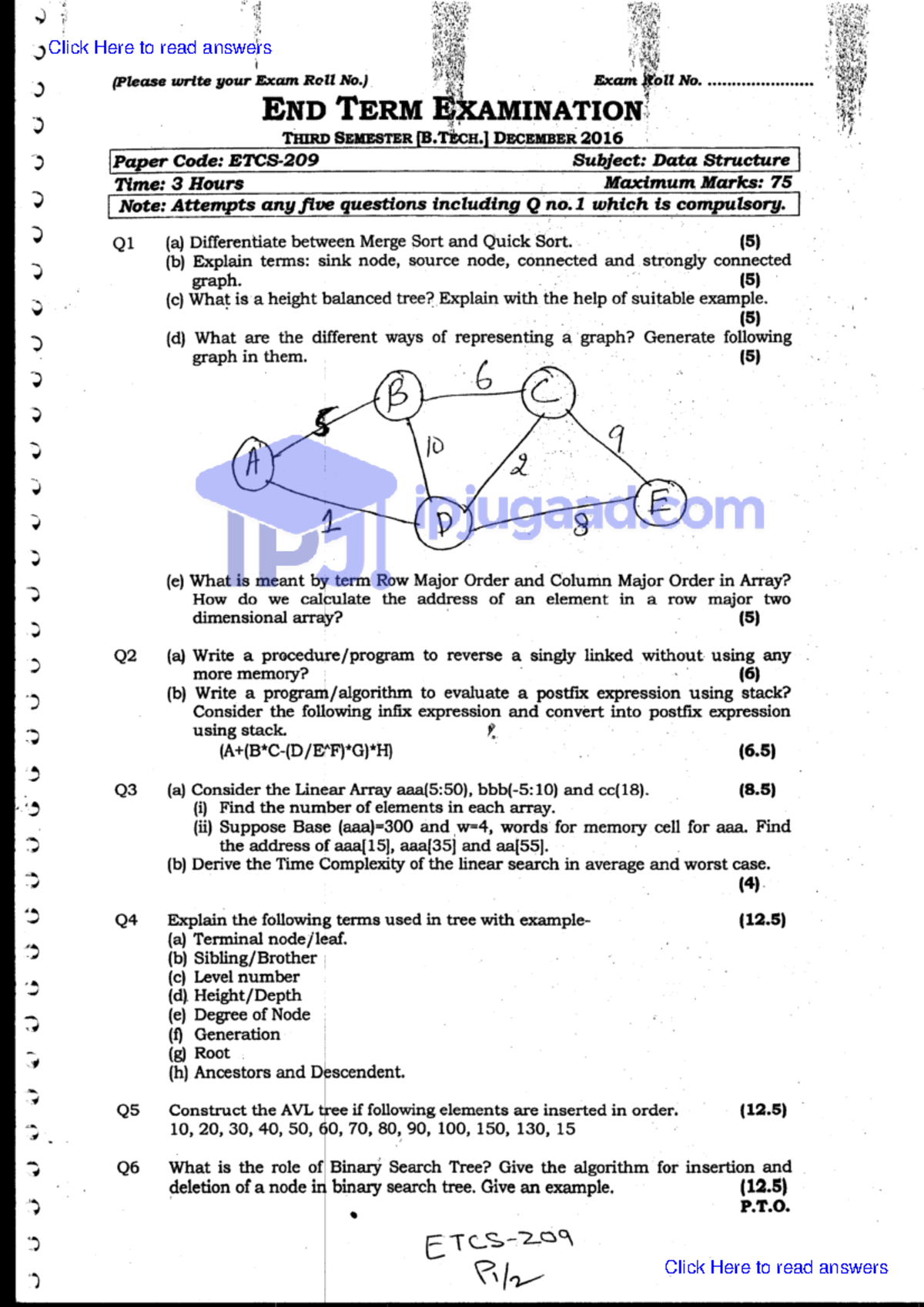 Ipjugaad b-tech-3rd-sem-data-structure-paper-2016 - btech - Click Here to read answers Click ...