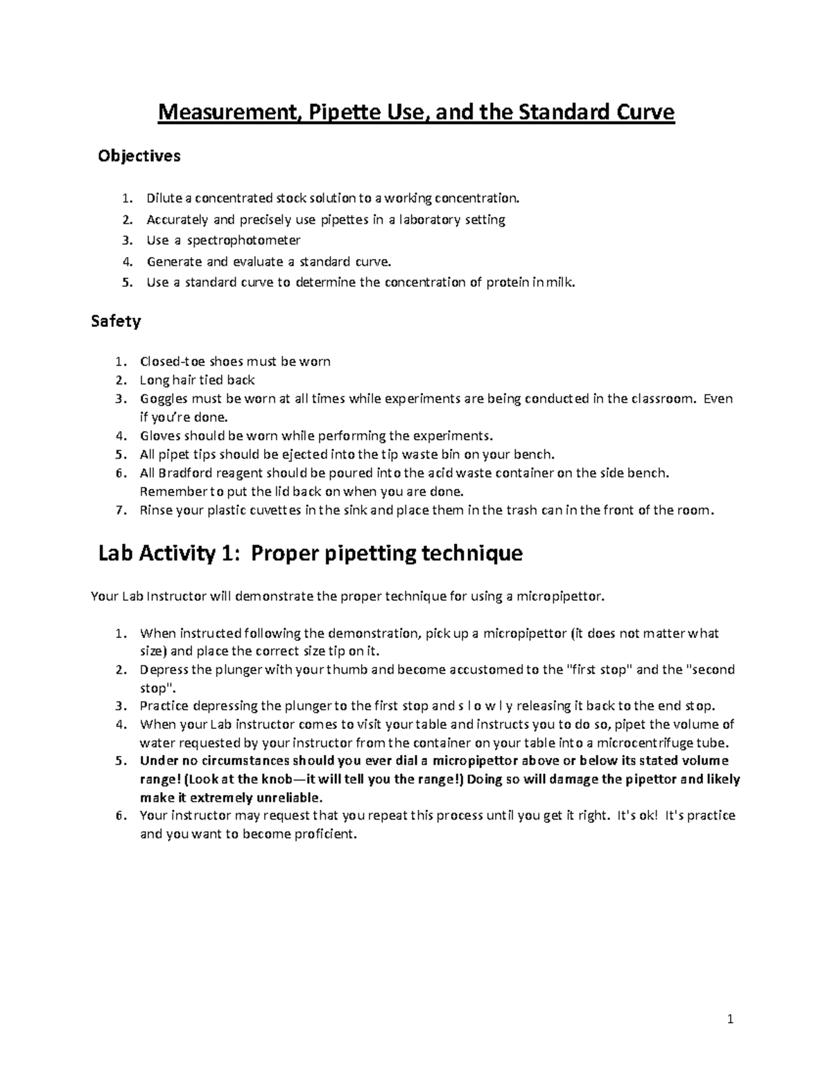 BIO LAB 1: Measurement, Pipette Use, and the Standard Curve ...
