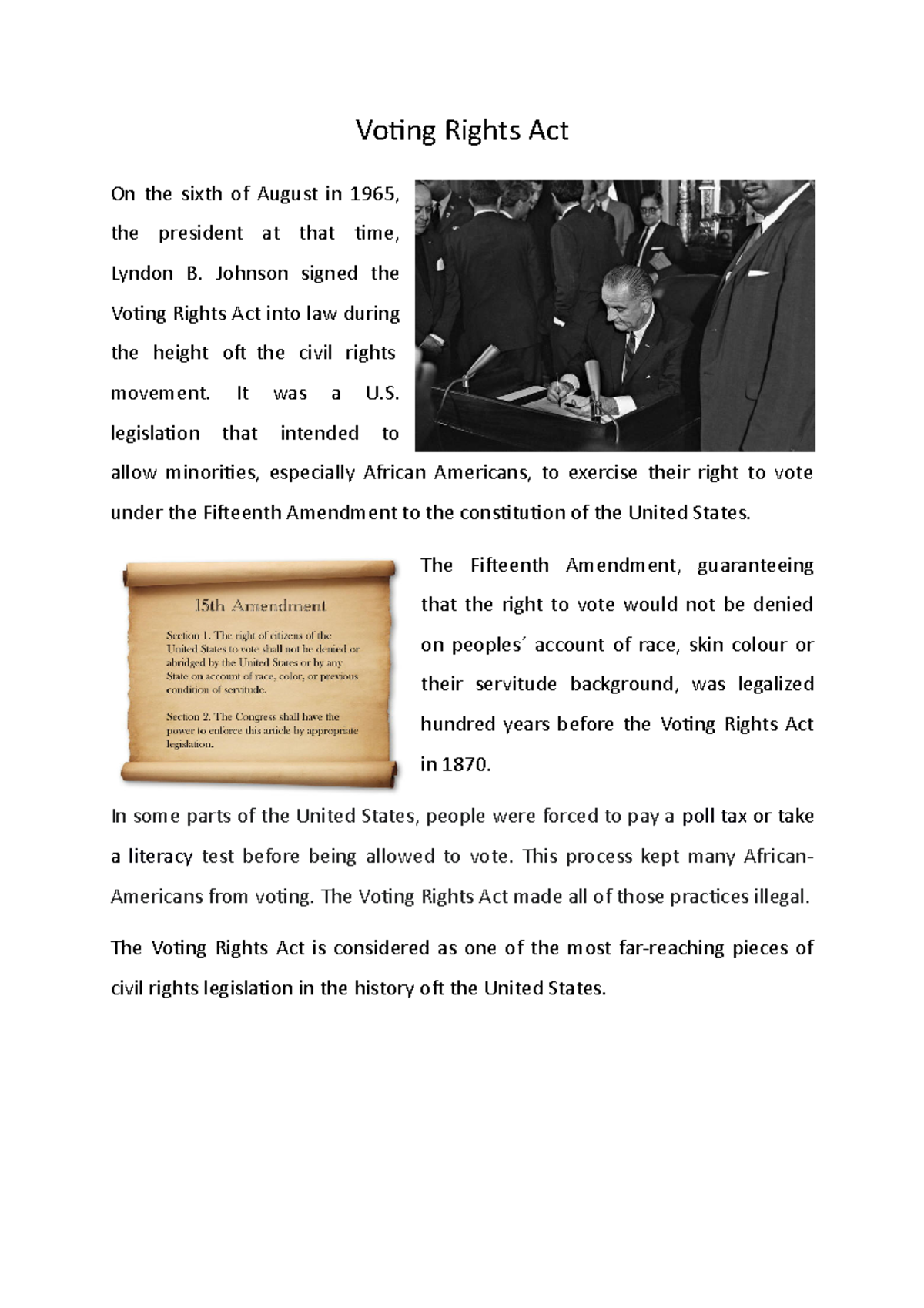 Englisch 11 - Voting Rights Act 1965/15th Amendment - Short Summary ... Englisch 11 - Voting Rights Act 1965/15th Amendment - Short Summary ...