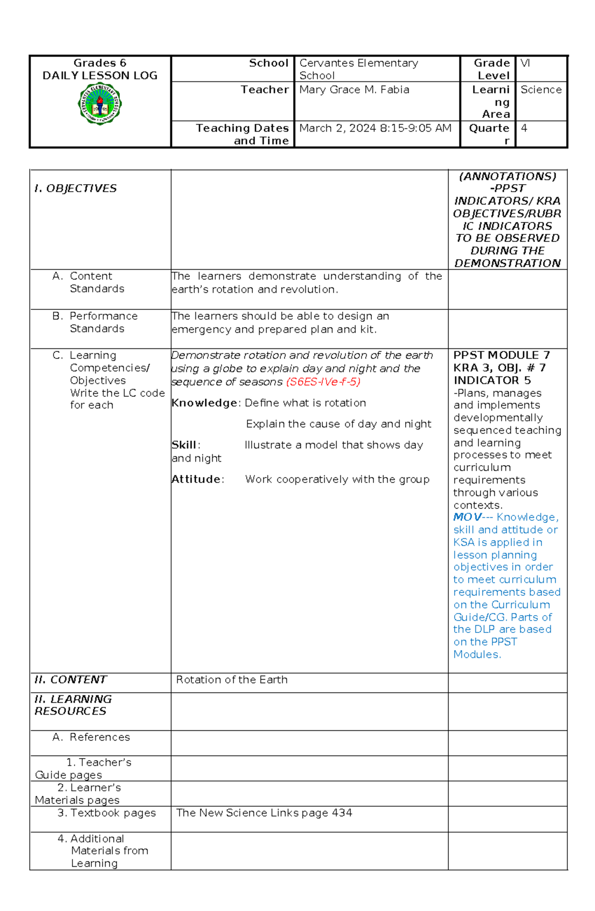 COT 4 Q4 Rotation - LESSON PLAN - Grades 6 DAILY LESSON LOG School ...