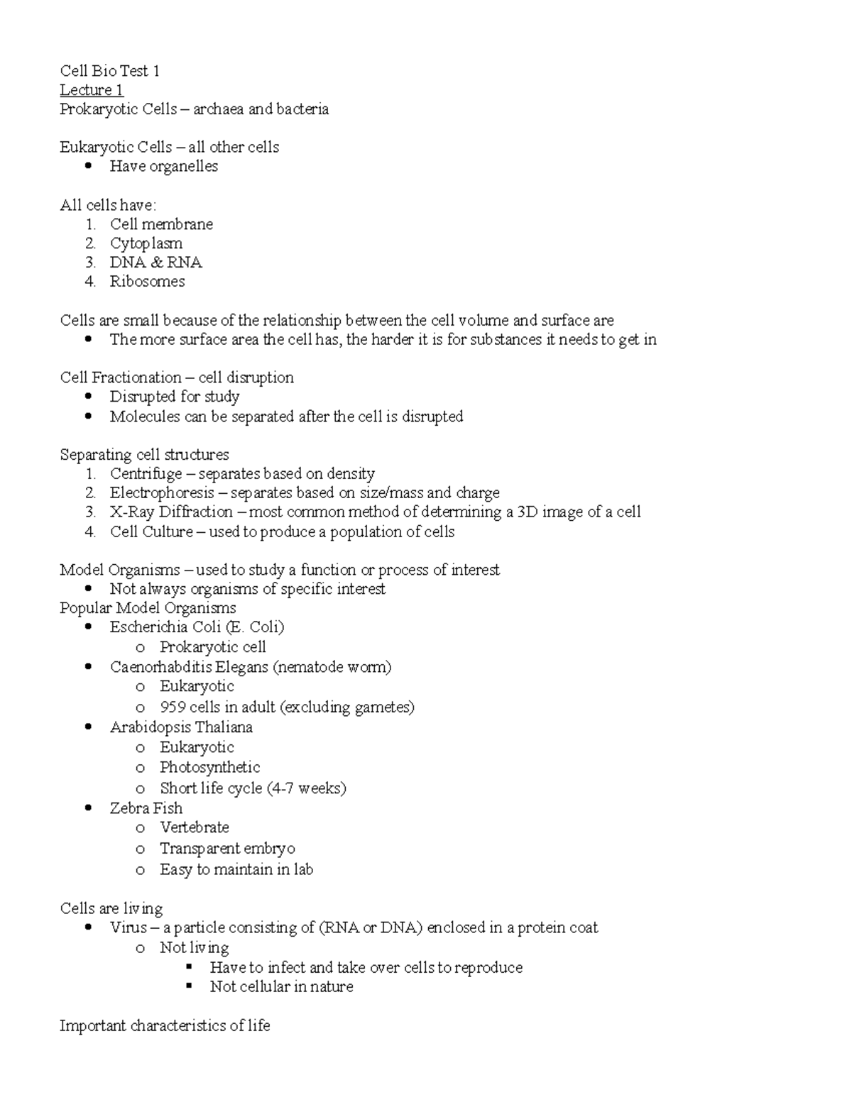 Cell Bio Test 1 - Cell biology test 1 - Cell Bio Test 1 Lecture 1 ...