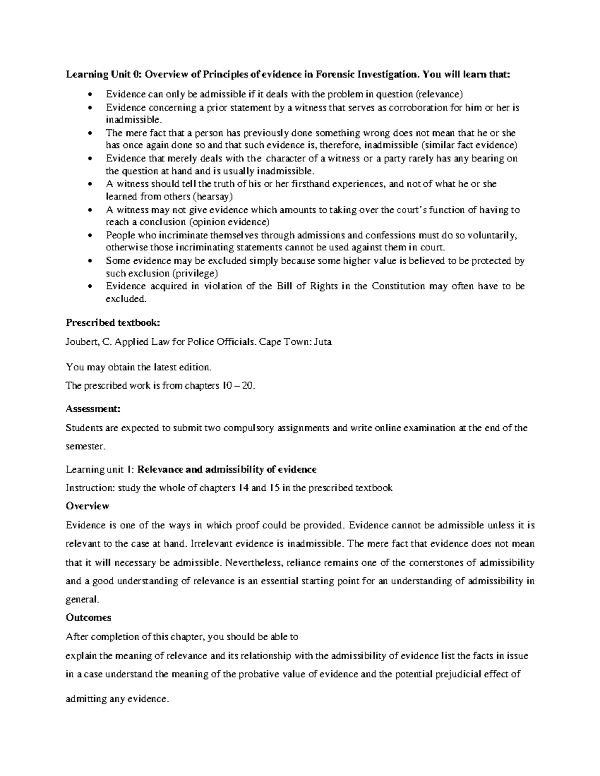 Syllabus for 2024 academic year - Learning Unit 0: Overview of Principles of evidence in ...