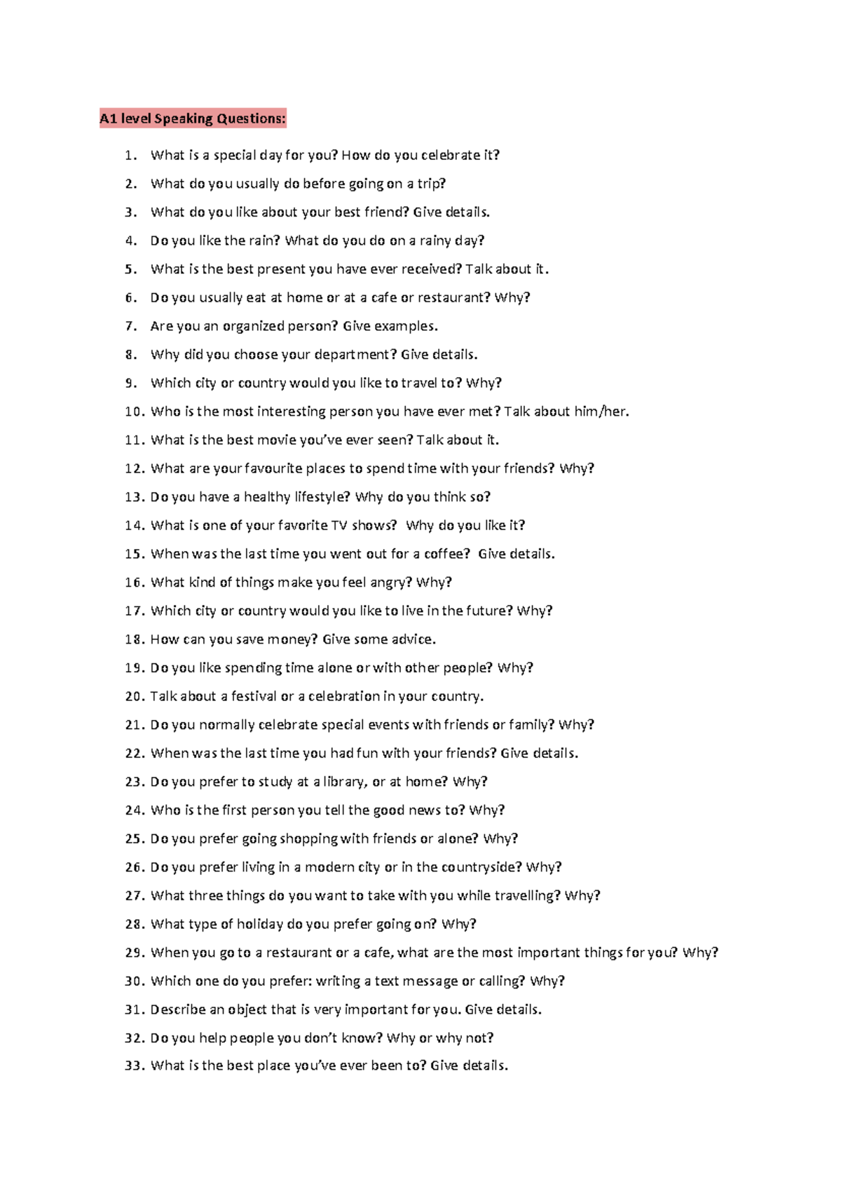 Speaking Questions all levels donusturuldu - A1 level Speaking ...