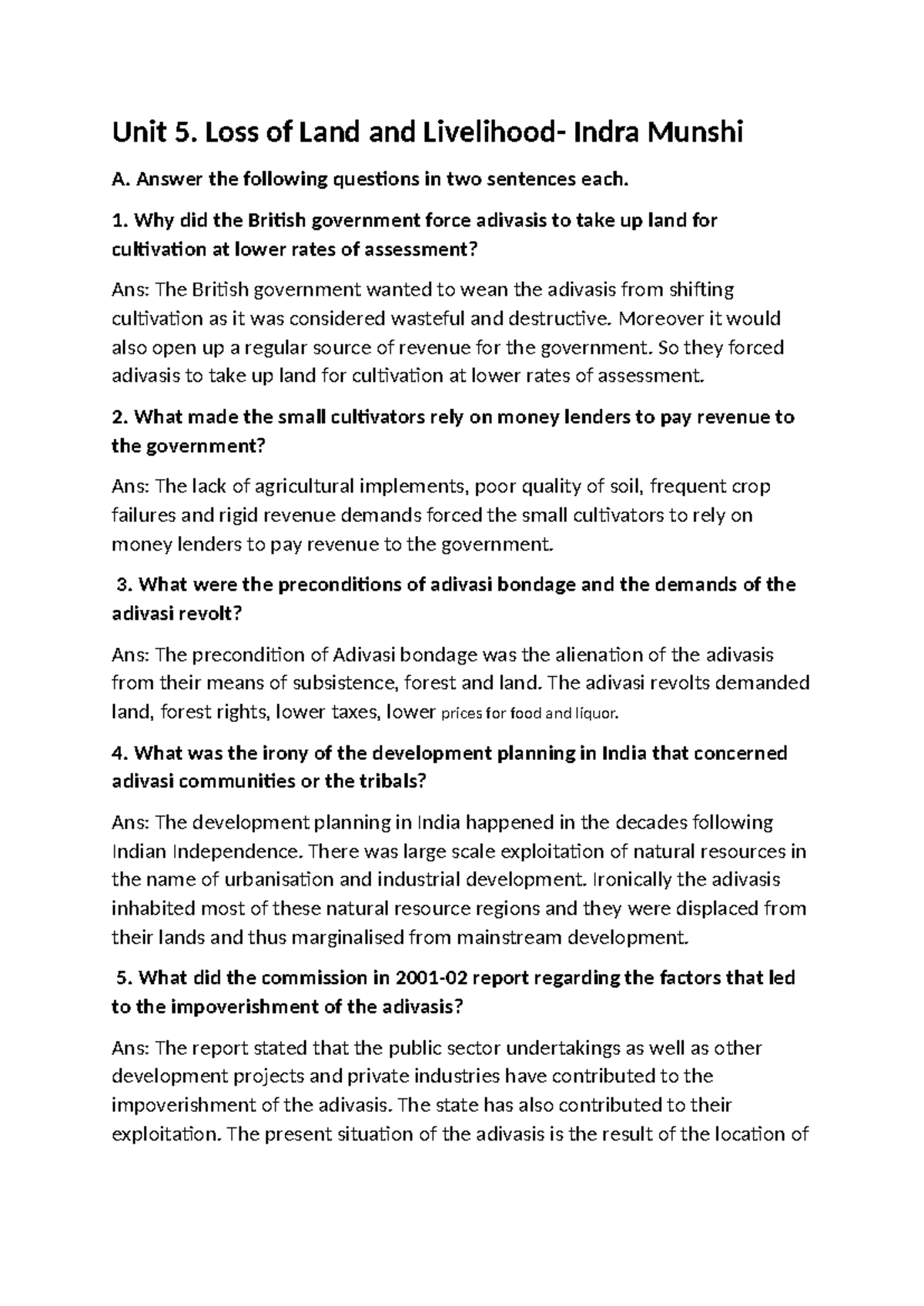 Loss of Land and Livelihood - Unit 5. Loss of Land and Livelihood ...