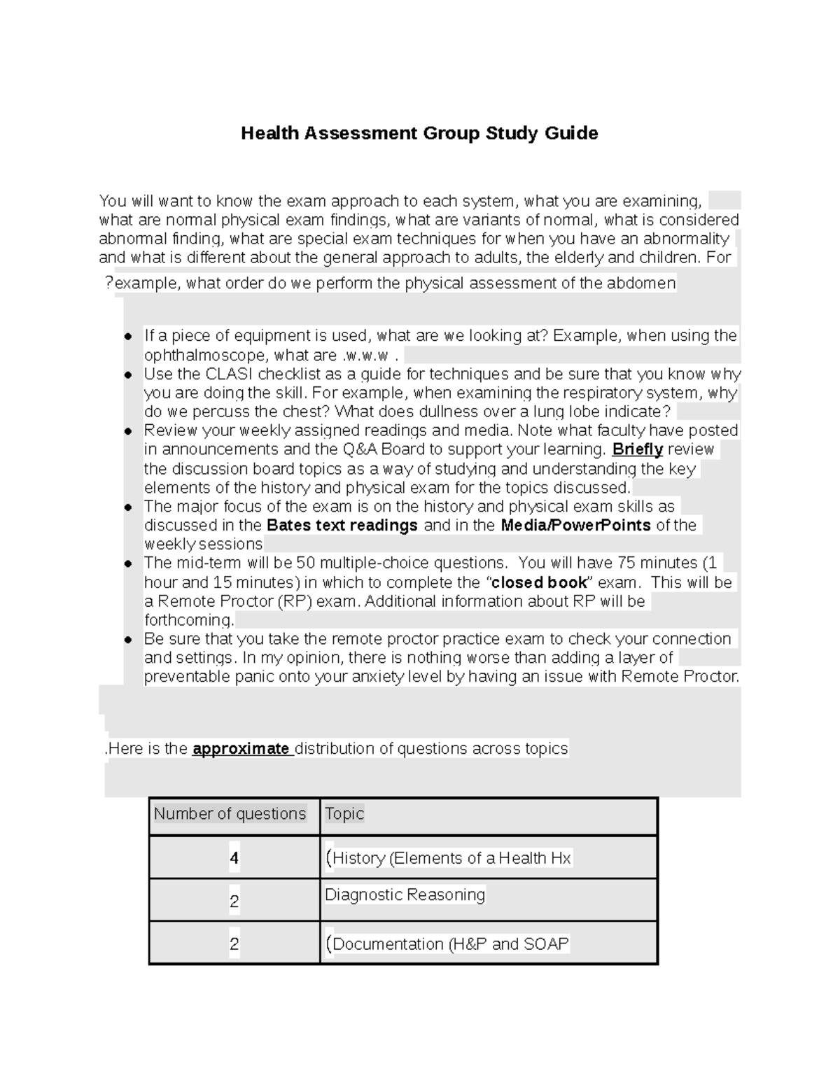 HA Midterm - Health Assessment Group Study Guide You will want to know ...