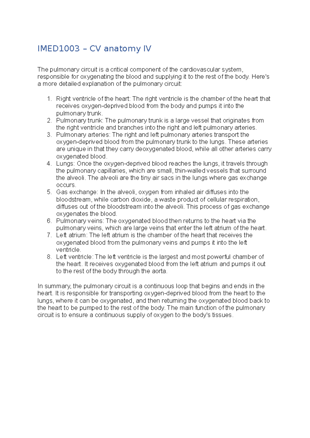 IMED1001-CVanatomy 4 - Lecture notes 4 and practice qna on cardiac ...