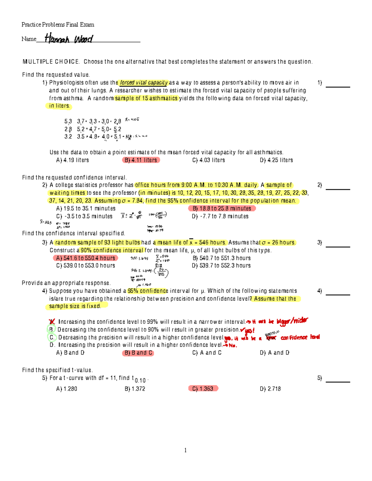 Final STATS Exam Review - Practice Problems Final Exam Name