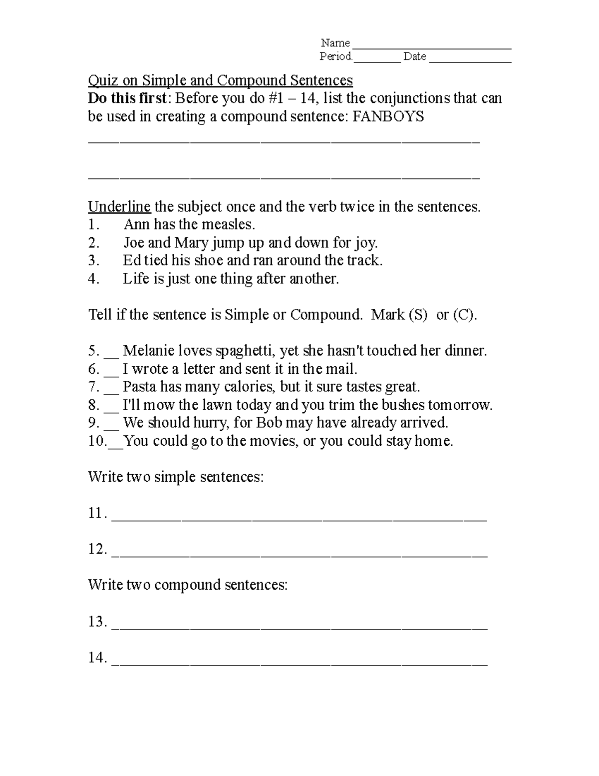 Simple Comp Sentence Quiz - Period.________ Date Name ...