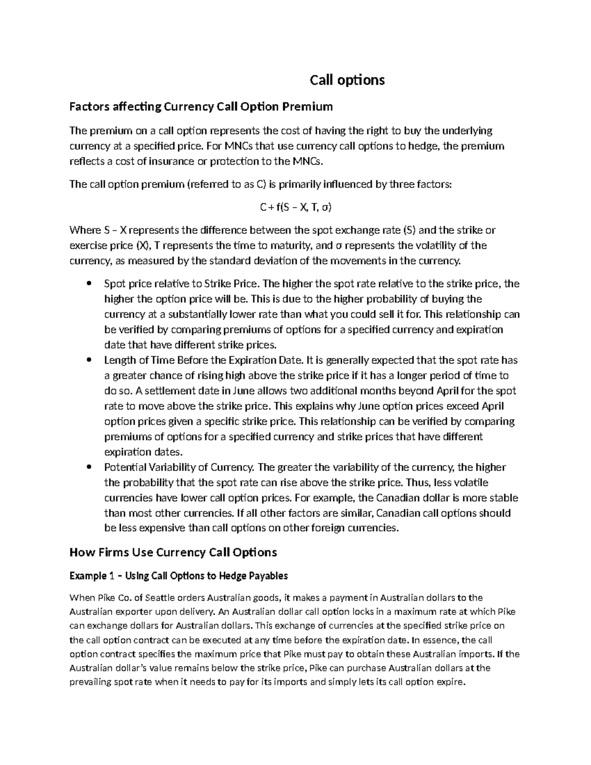 Call option Handout - Call options Factors affecting Currency Call ...
