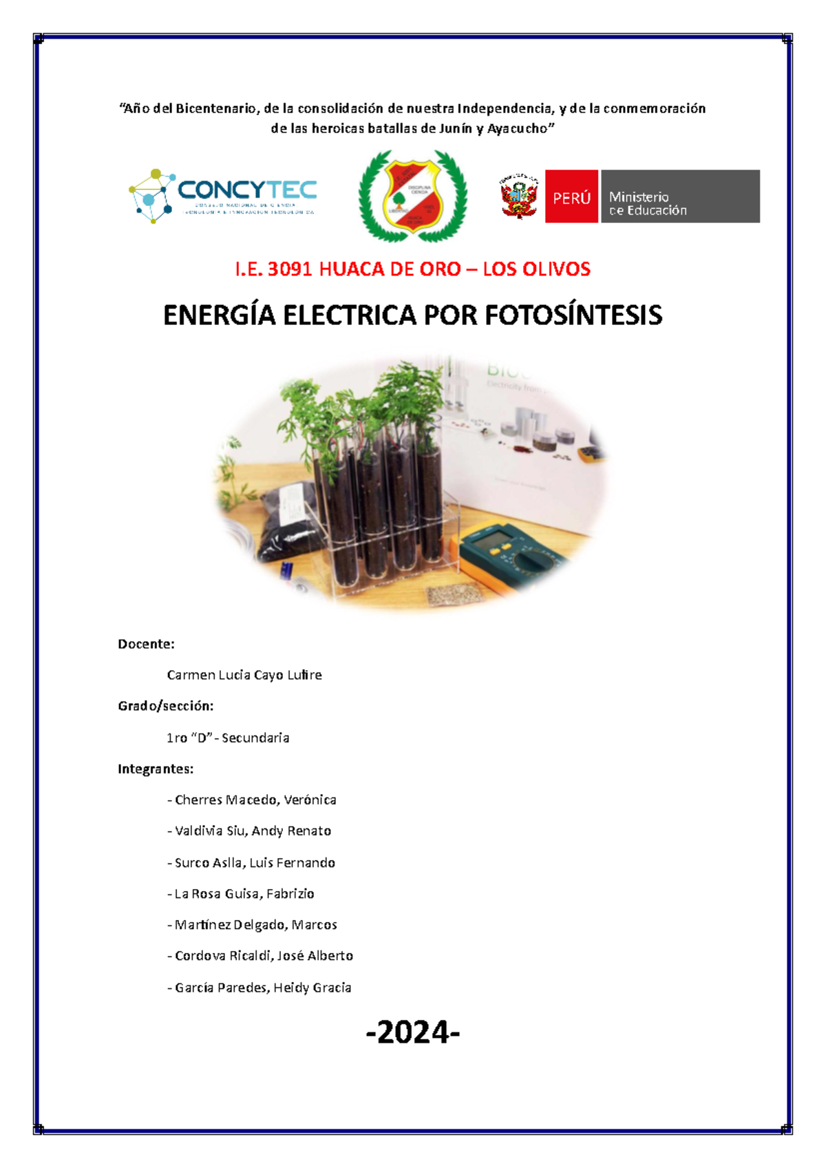 Energía por fotosíntesis 1ro D - “Año del Bicentenario, de la ...