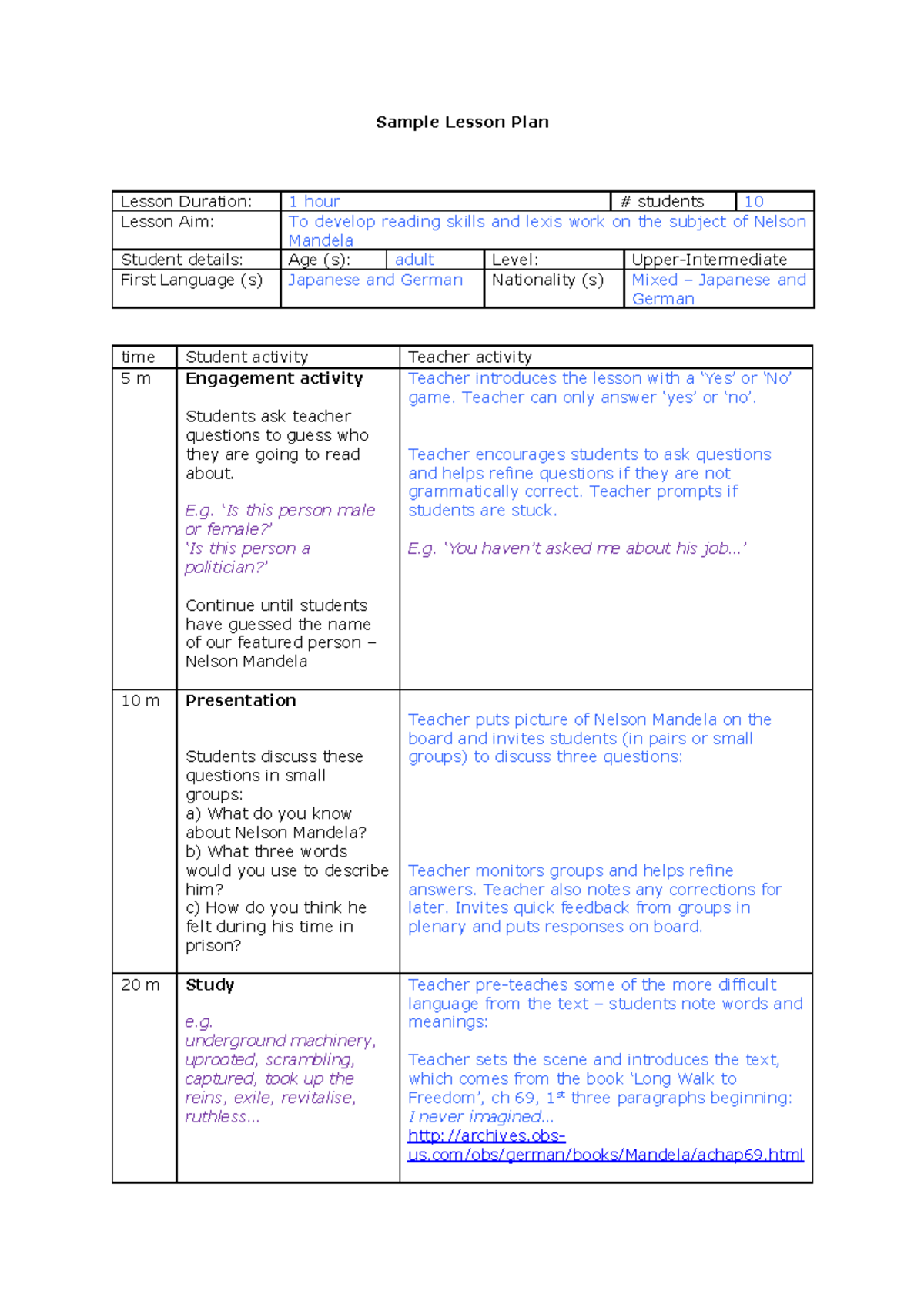 Sample lesson plan - Sample Lesson Plan Lesson Duration: 1 hour ...