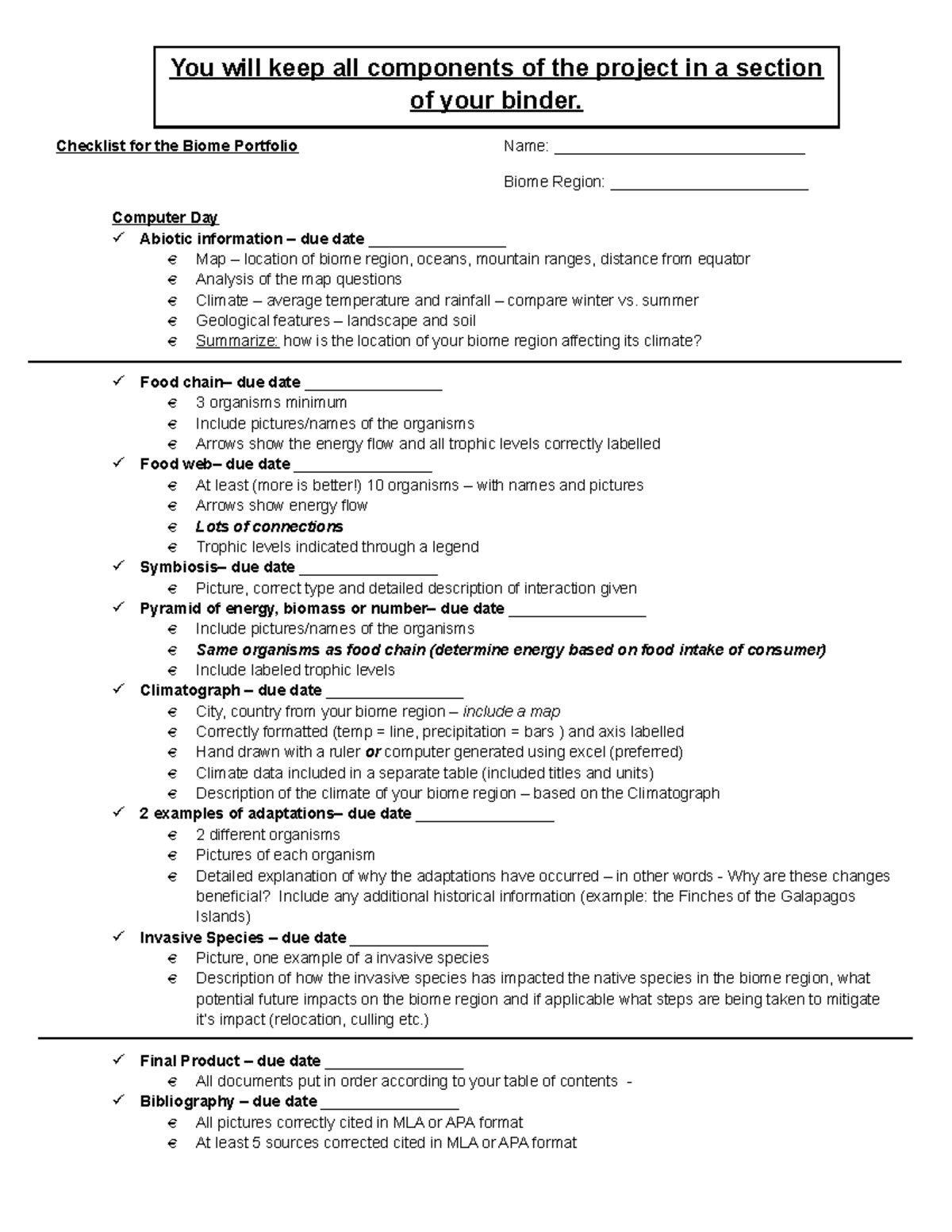 Biomes checklist due dates - Checklist for the Biome Portfolio Name