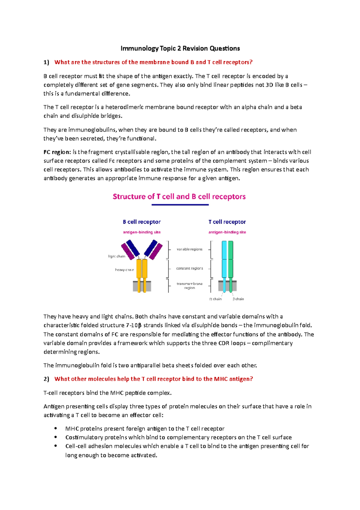 Immunology Topic 2 Revision Questions from lecture - Immunology Topic 2 ...