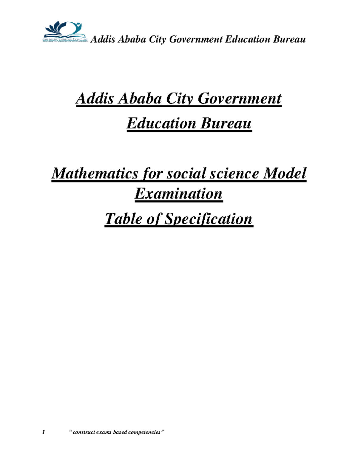 Table of specification for Mathematics Model Exam social science 1 ...