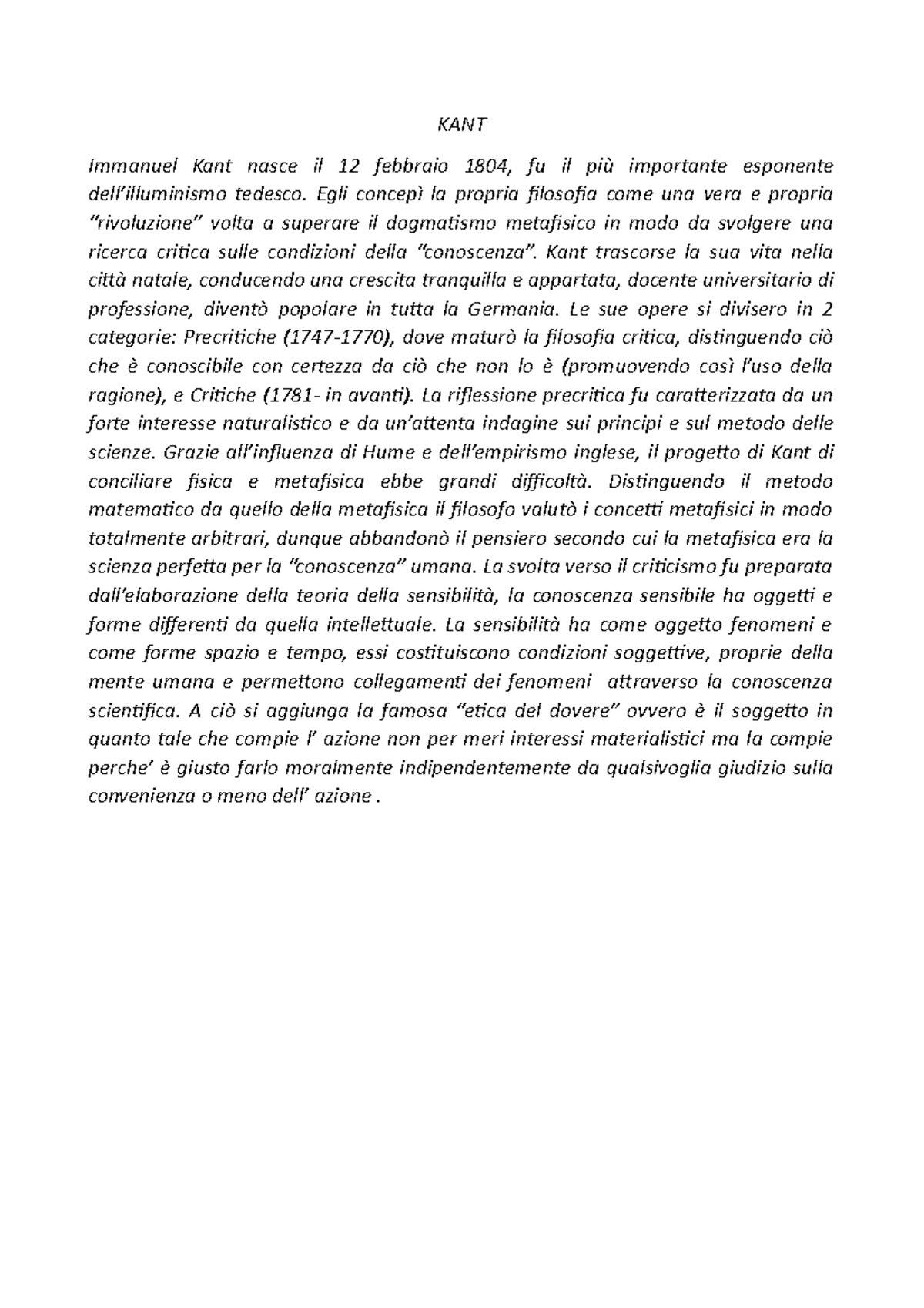 IL Sommo KANT Filosofia - KANT Immanuel Kant nasce il 12 febbraio 1804 ...