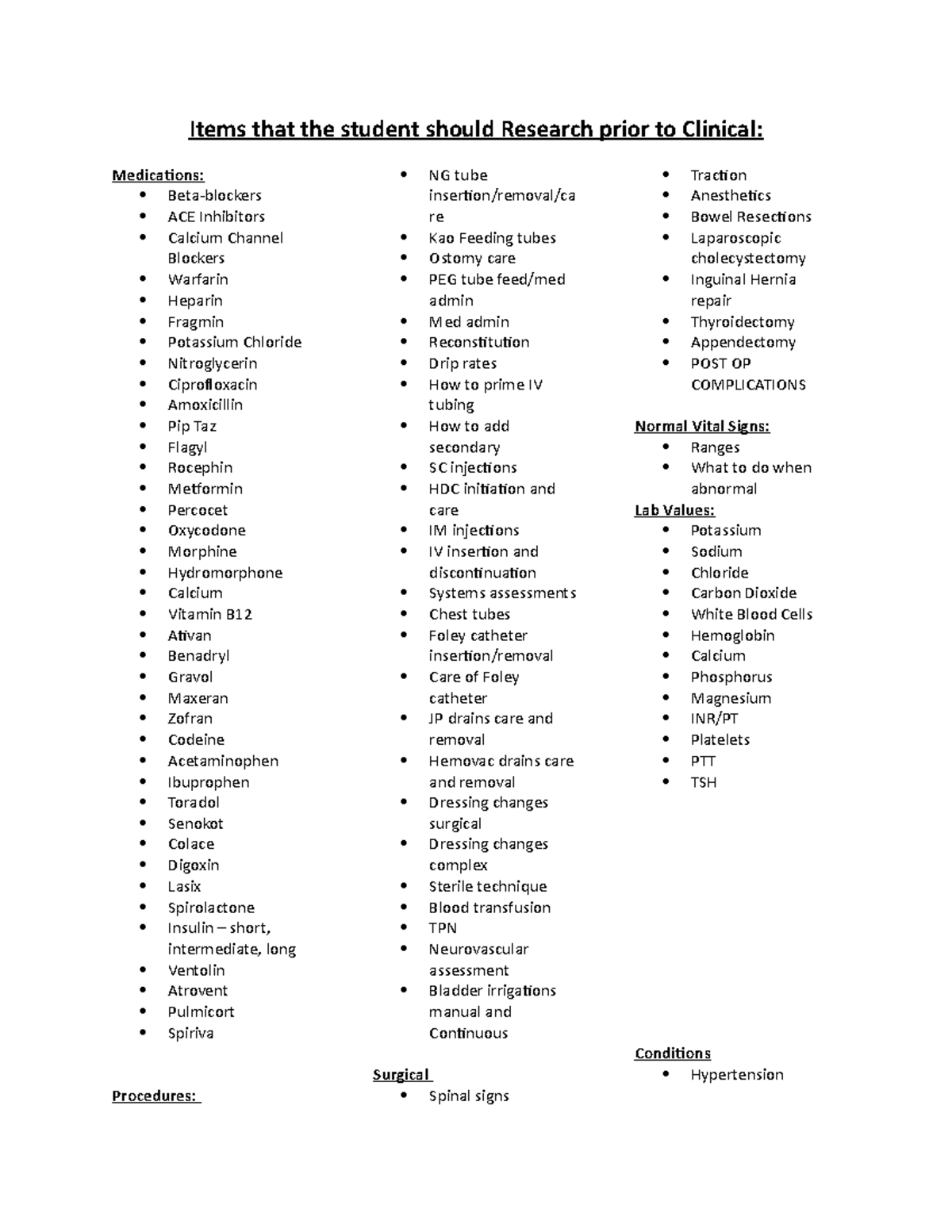 Items that the student should Research prior to Clinical - Items that ...