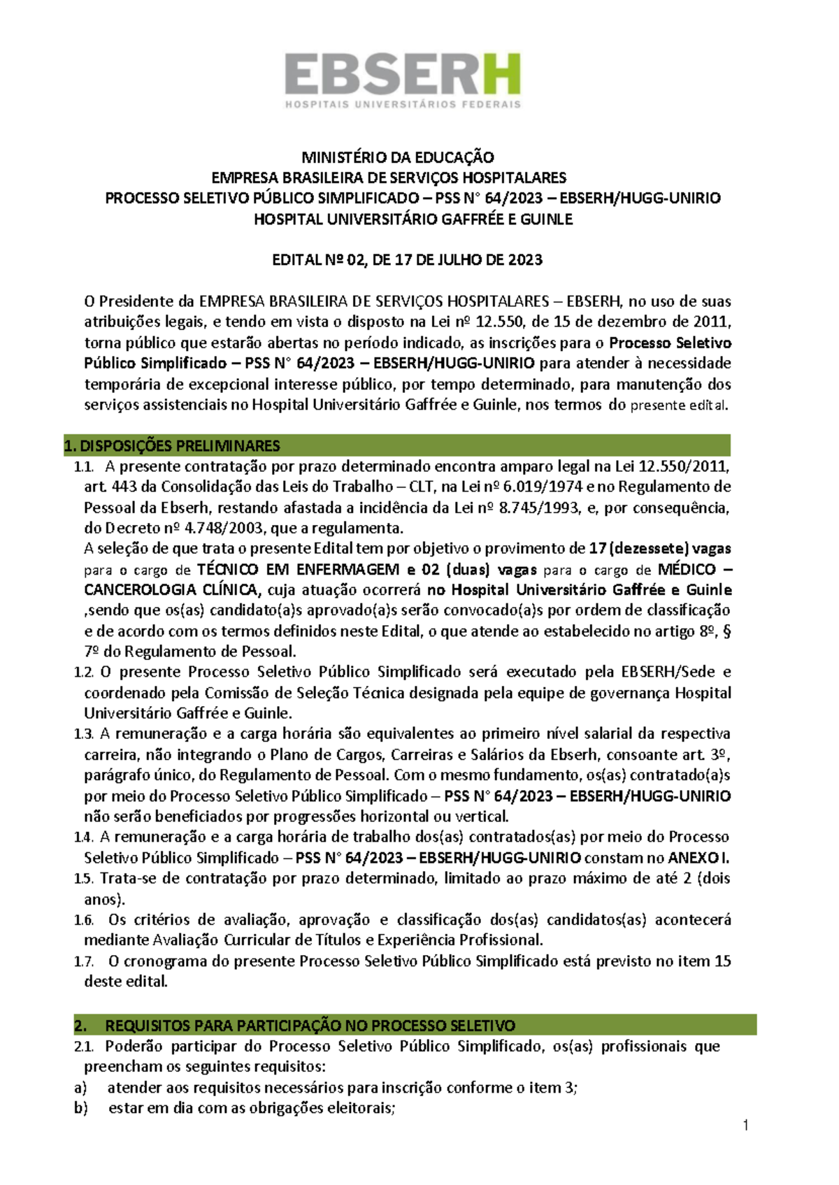 Edital DE Abertura N°02, DE 17 DE Julho DE 2023 PSS 64-2023 - Ebserh ...
