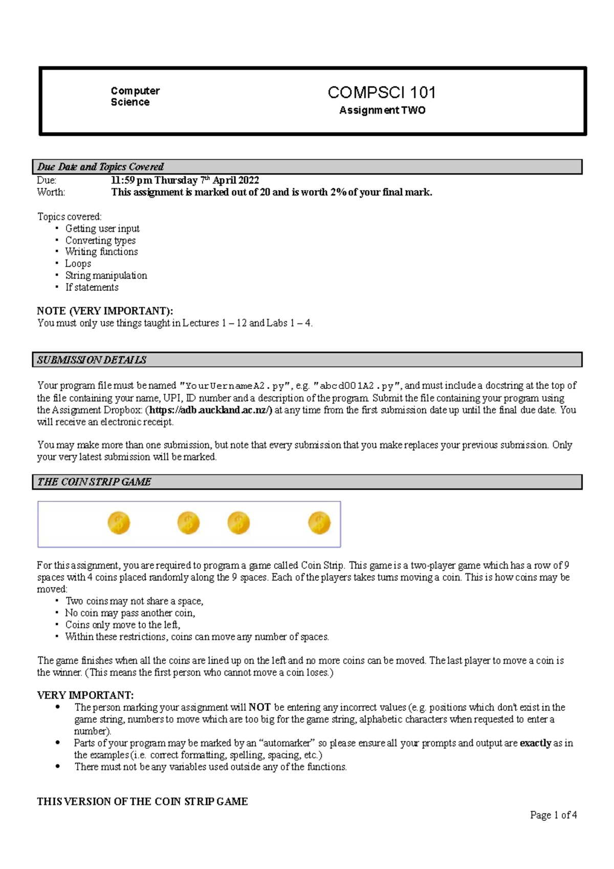 A2 2022S1 - information - Due Date and Topics Covered Due: 11:59 pm Thursday 7th April 2022 ...