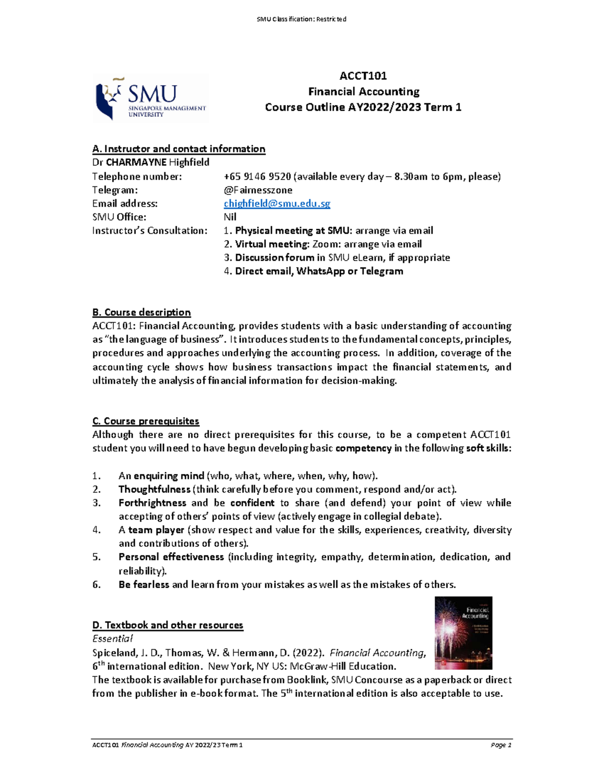 ACCT101 Charmayne Highfield course outline - ACCT Financial Accounting Course Outline AY2022 ...