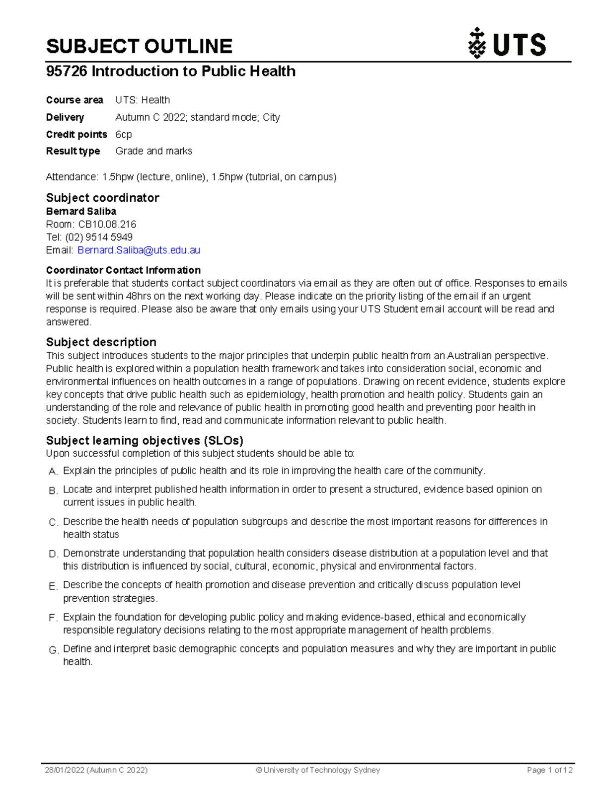 Intro to Public Health Subject Outline - SUBJECT OUTLINE 95726 ...