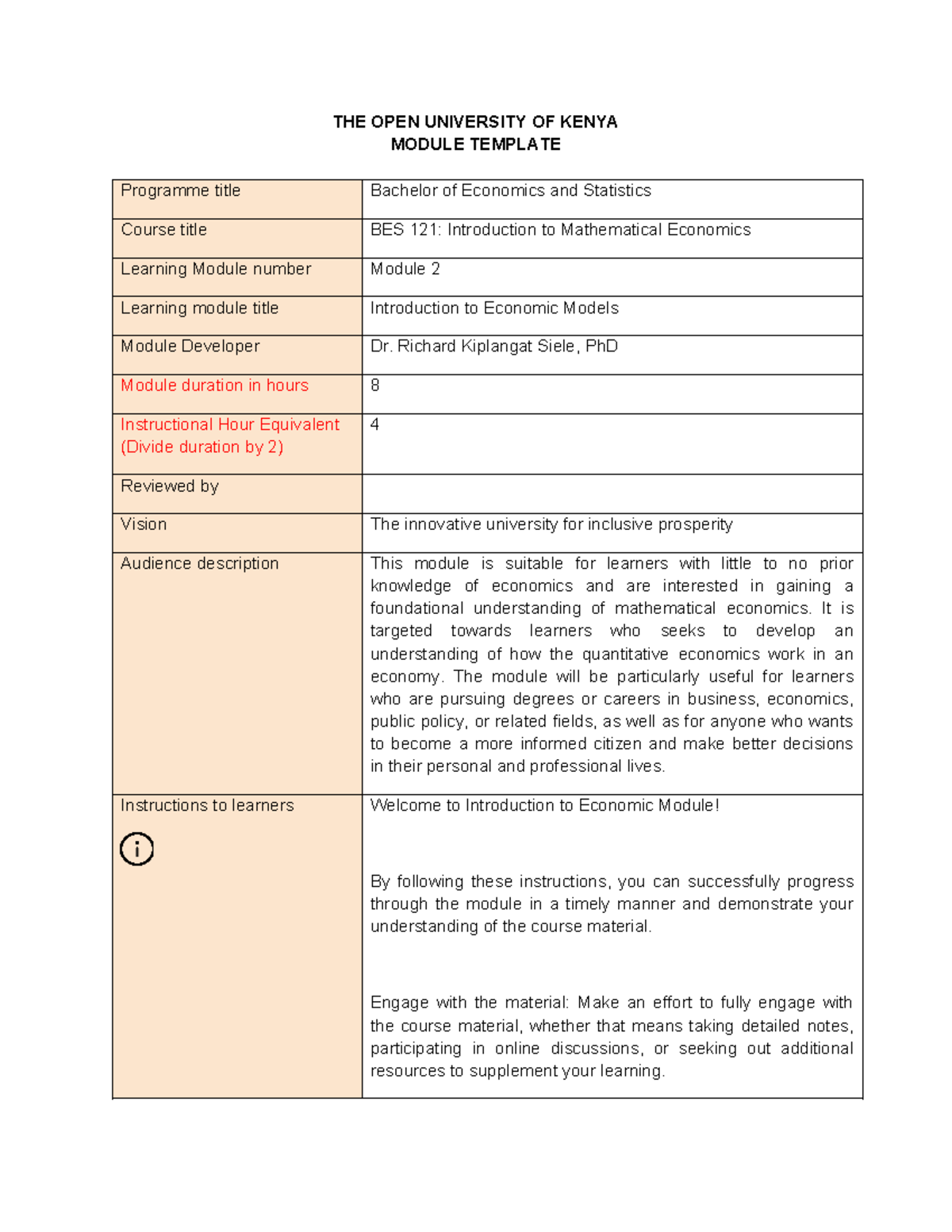 Module Design 2 - THE OPEN UNIVERSITY OF KENYA MODULE TEMPLATE ...