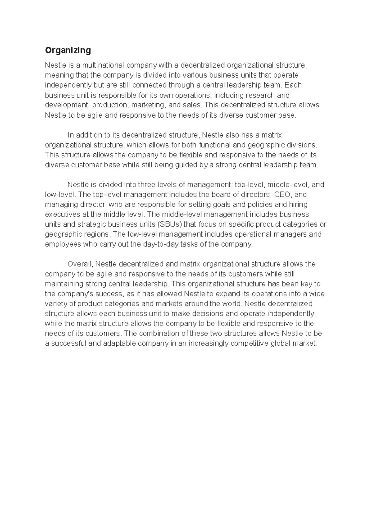 Organizing 2 - .......... - Organizing Nestle is a multinational ...