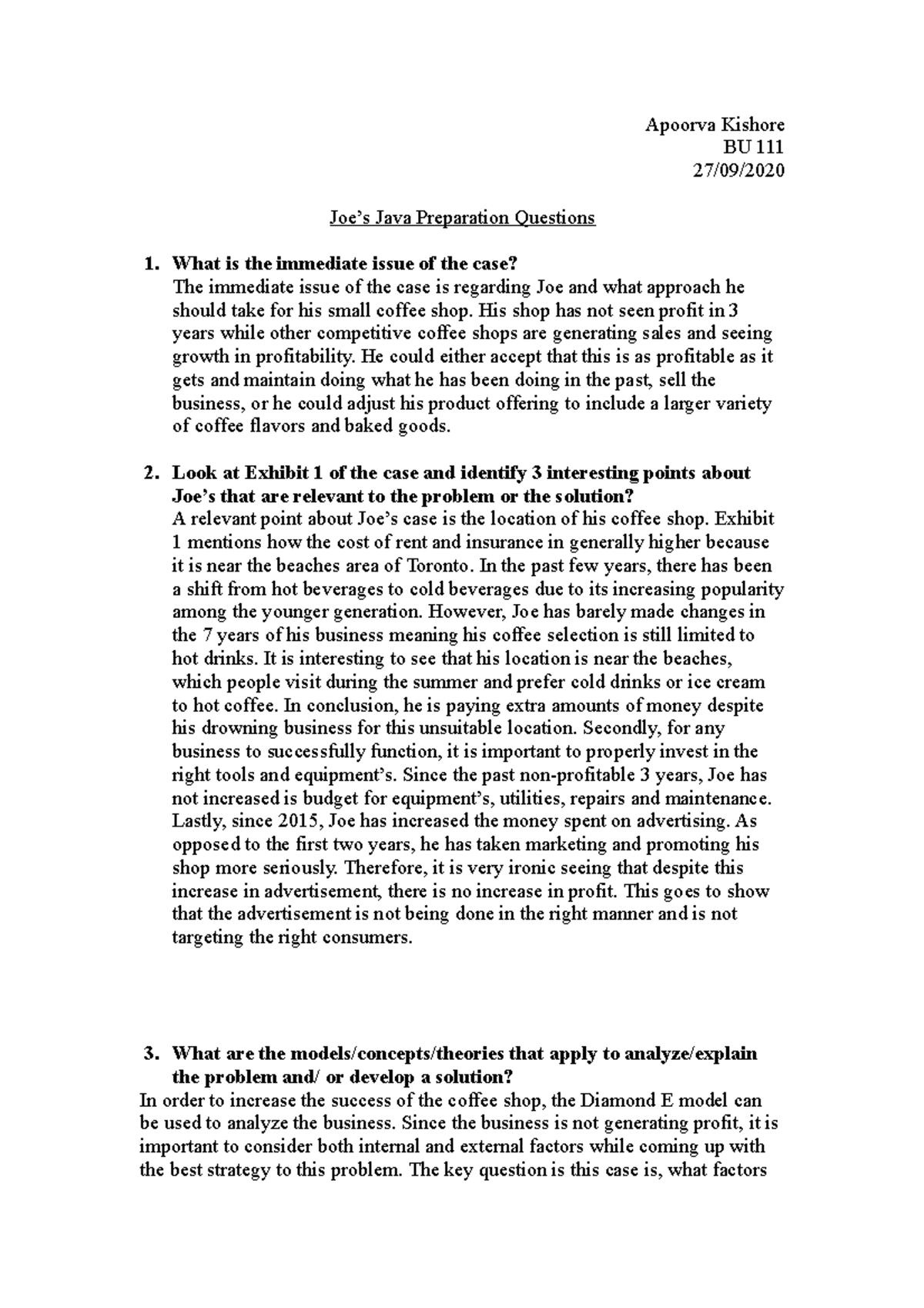 Apoorvas joe's java prep questions - Apoorva Kishore BU 111 27/09/ Joe ...