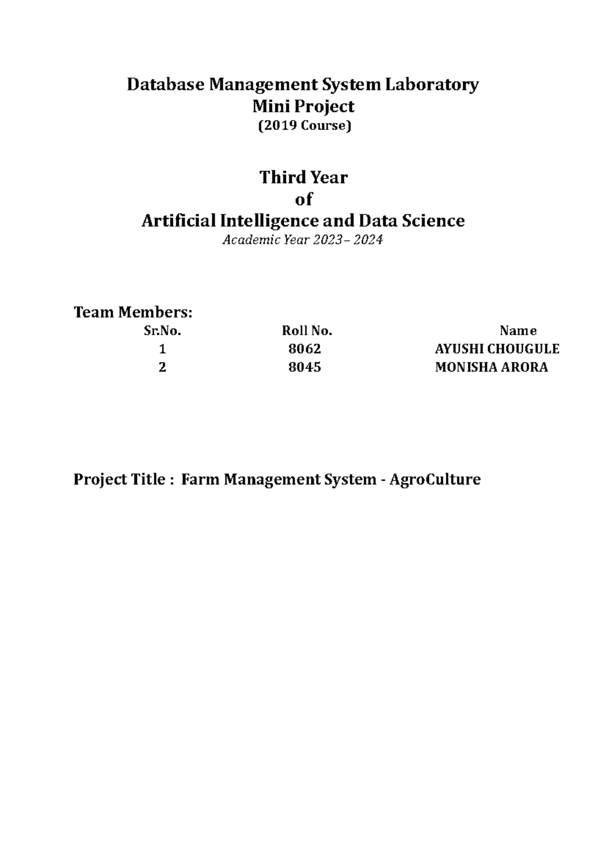 Report dbms - Database Management System Laboratory Mini Project (2019 Course) Third Year of ...