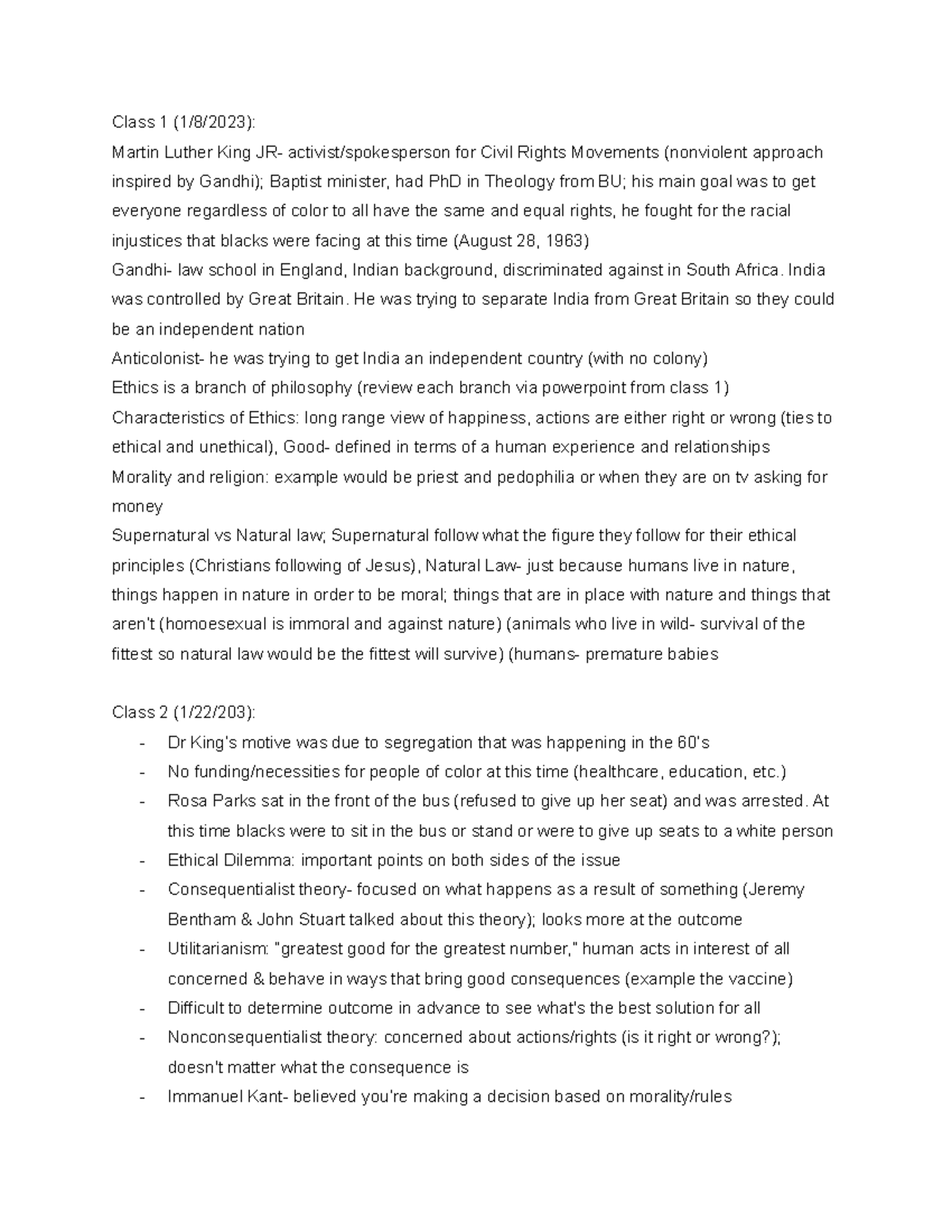 Ethics Class Notes - Class 1 (1/8/2023): Martin Luther King JR ...