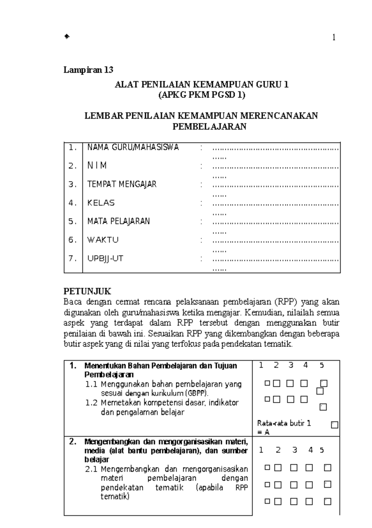 APKG 1 DAN 2 PKM 2013 - lembar apkg - 1 PDGK Lampiran 13 ALAT PENILAIAN KEMAMPUAN GURU 1 (APKG ...
