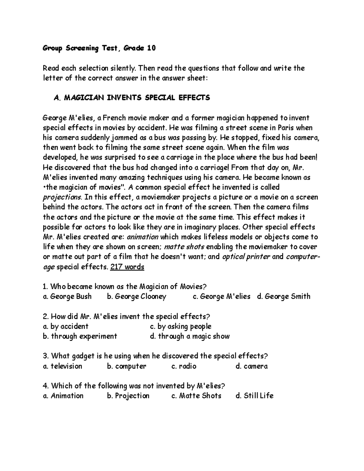 417245736 Gst Grade 10 English Group Screening Test Grade 10 Read