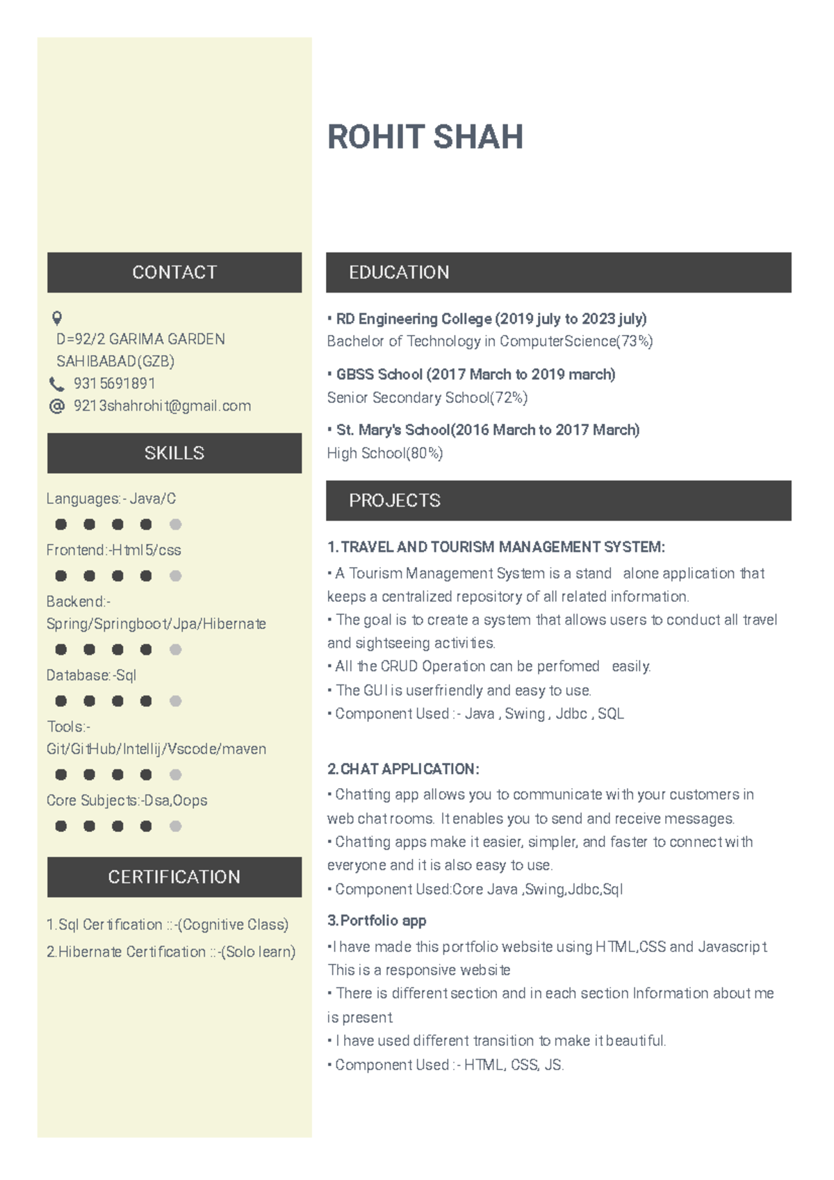 Rohit resume - ROHIT SHAH EDUCATION RD Engineering College (2019 july ...